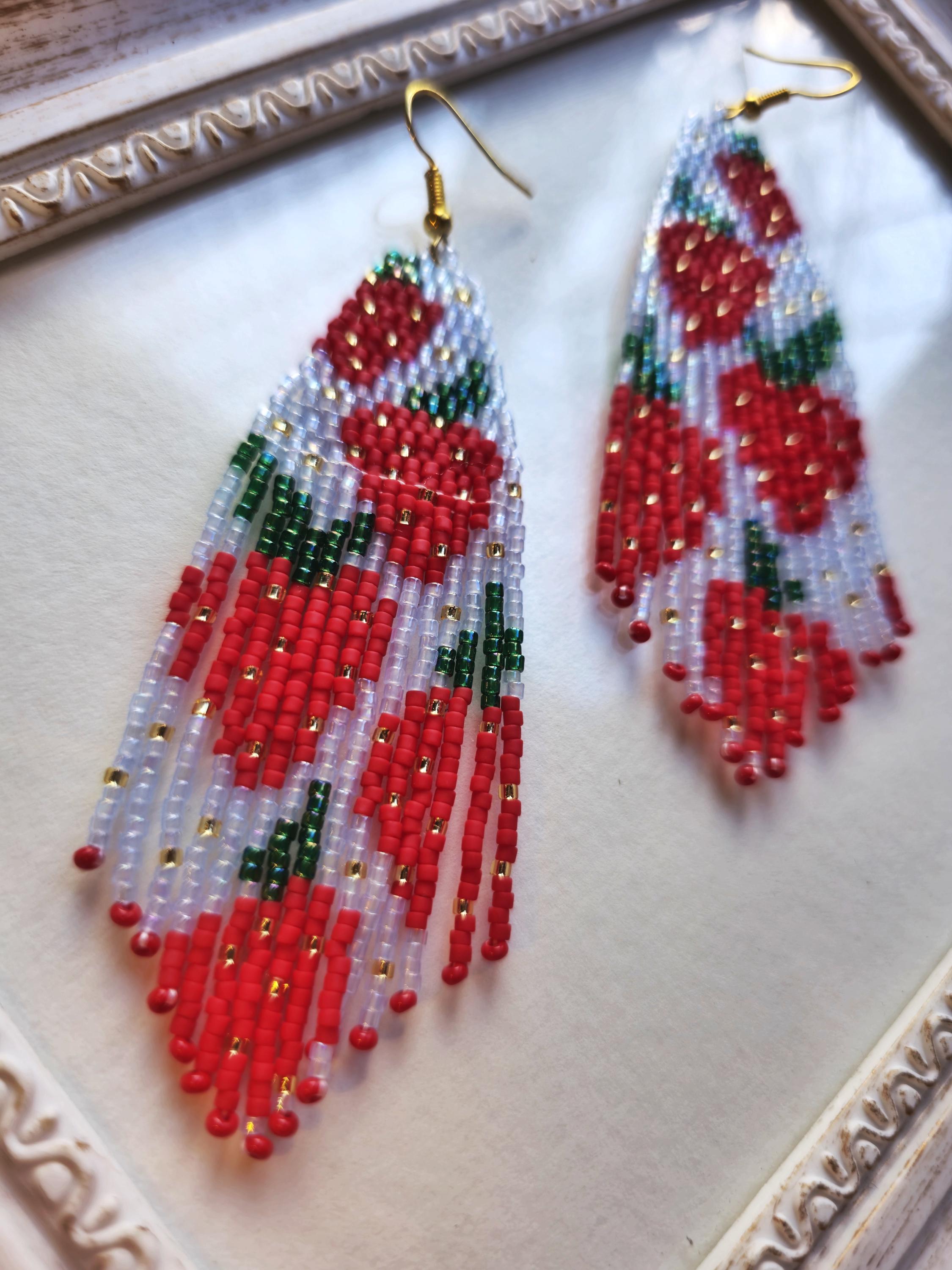 Strawberry Beaded Fringe Earrings: Long Seed Bead Earrings - Etsy