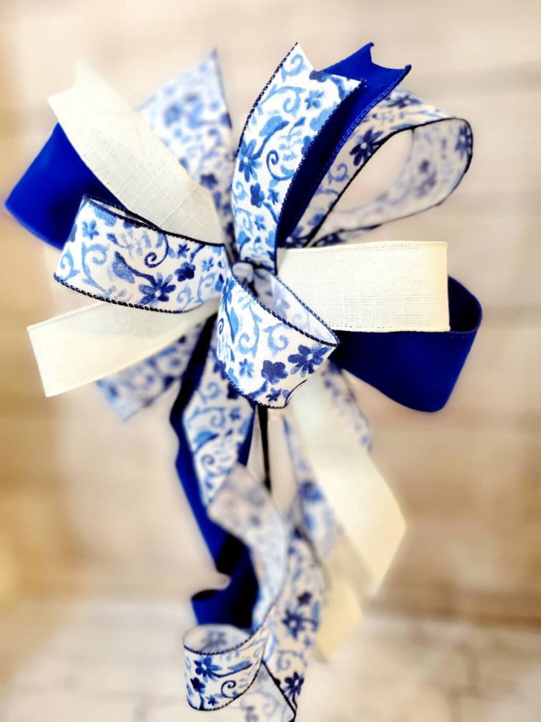 Blue Bow, Blue Floral Decor, Blue Floral Bow, Farmhouse Bow, Farmhouse ...