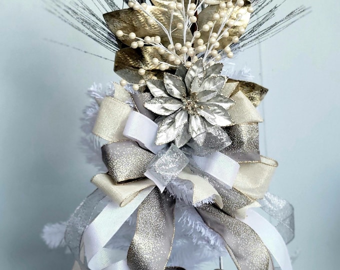 Christmas Tree Topper, Christmas Bow, Silver and Gold Christmas Tree ...