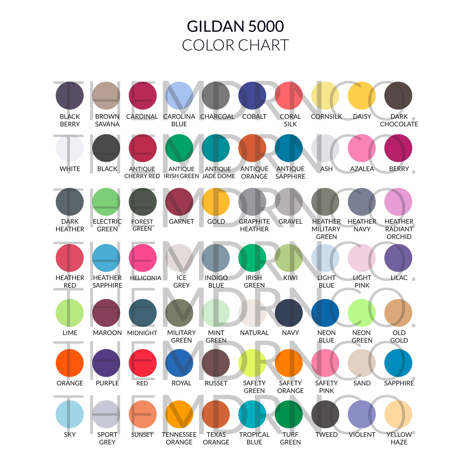 Gildan 5000 Color and Size Chart, Gildan Heavy Cotton T-shirt Color and ...