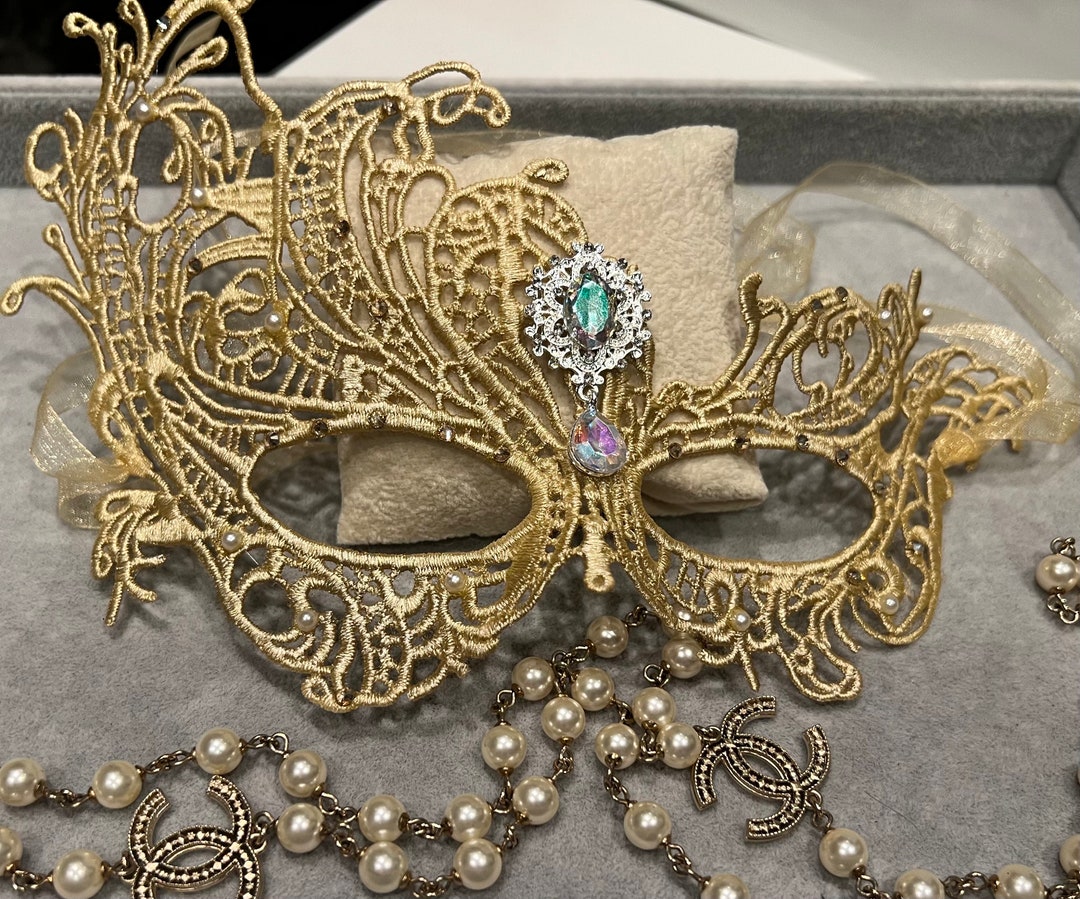 Gold Masquerade Mask Goddess Crystal Dangle Pearl Head Piece Luxury ...