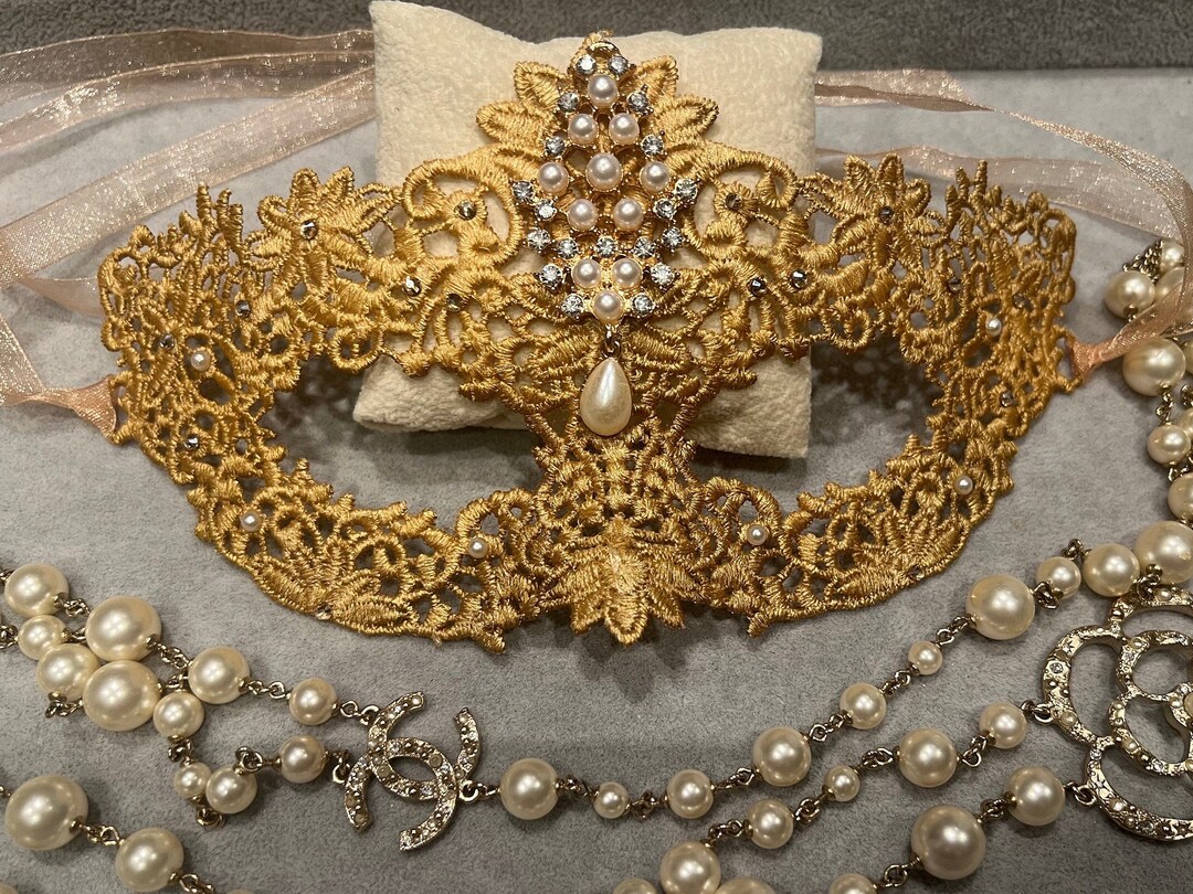 Gold Masquerade Mask Goddess Crystal Dangle Pearl Head Piece Luxury ...
