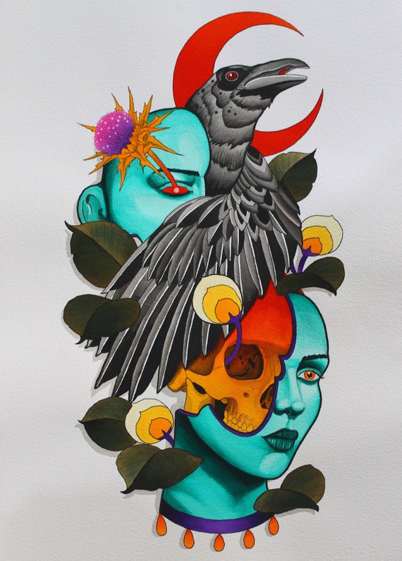 Neo Traditional Crow Tattoo Valkyrie, Lady Head, Neo Traditional