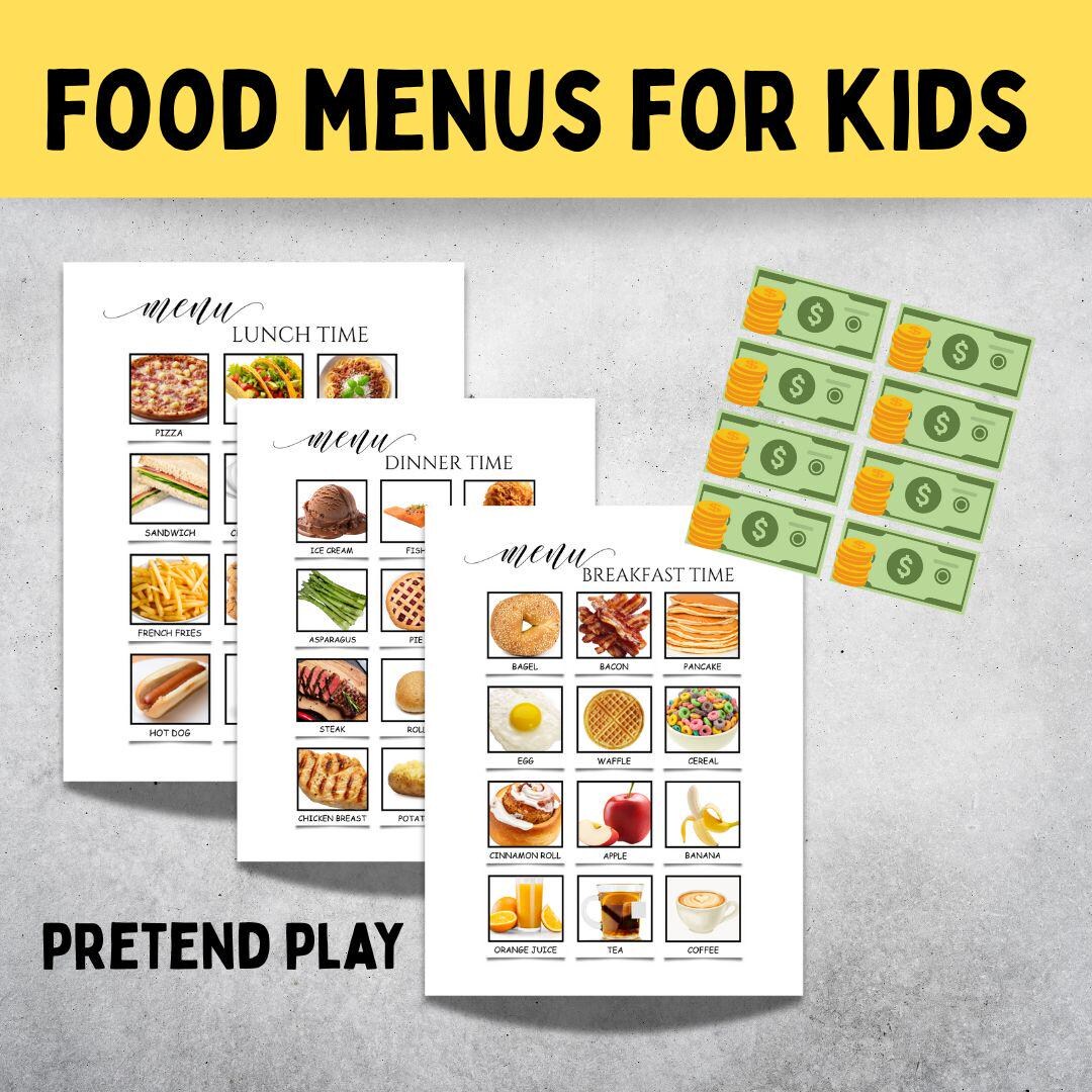 Menu for Kids, Kitchen Pretend Play, Pretend Restaurant, Play Money ...