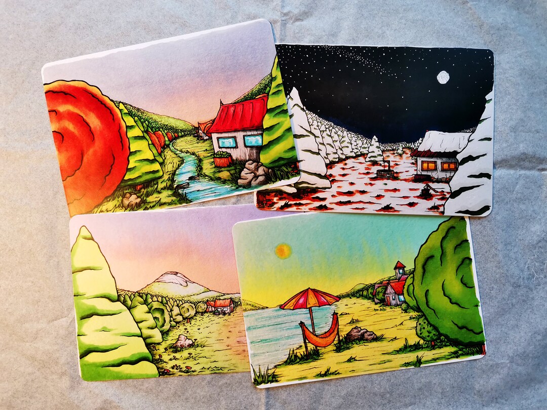 Four Seasons Postcard Set, Landscapes of Spring, Summer, Autumn, Winter ...