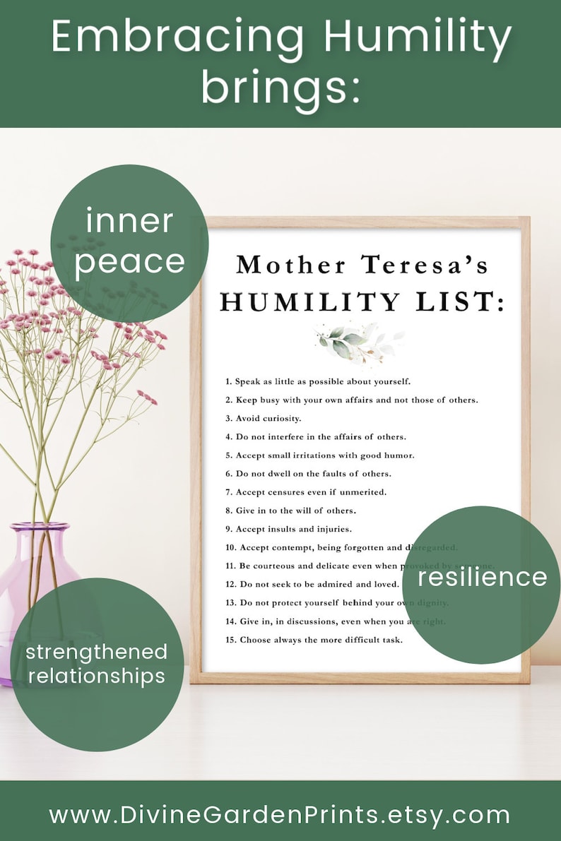 Mother Teresa's Humility List Printable, Humility Practice, Be Humble ...
