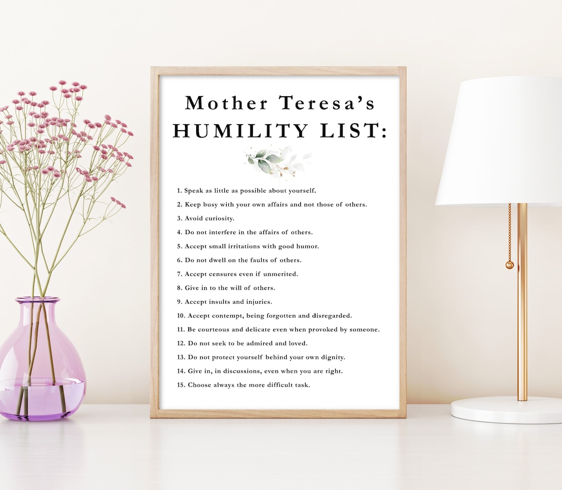 Mother Teresa's Humility List Printable, Humility Practice, Be Humble ...