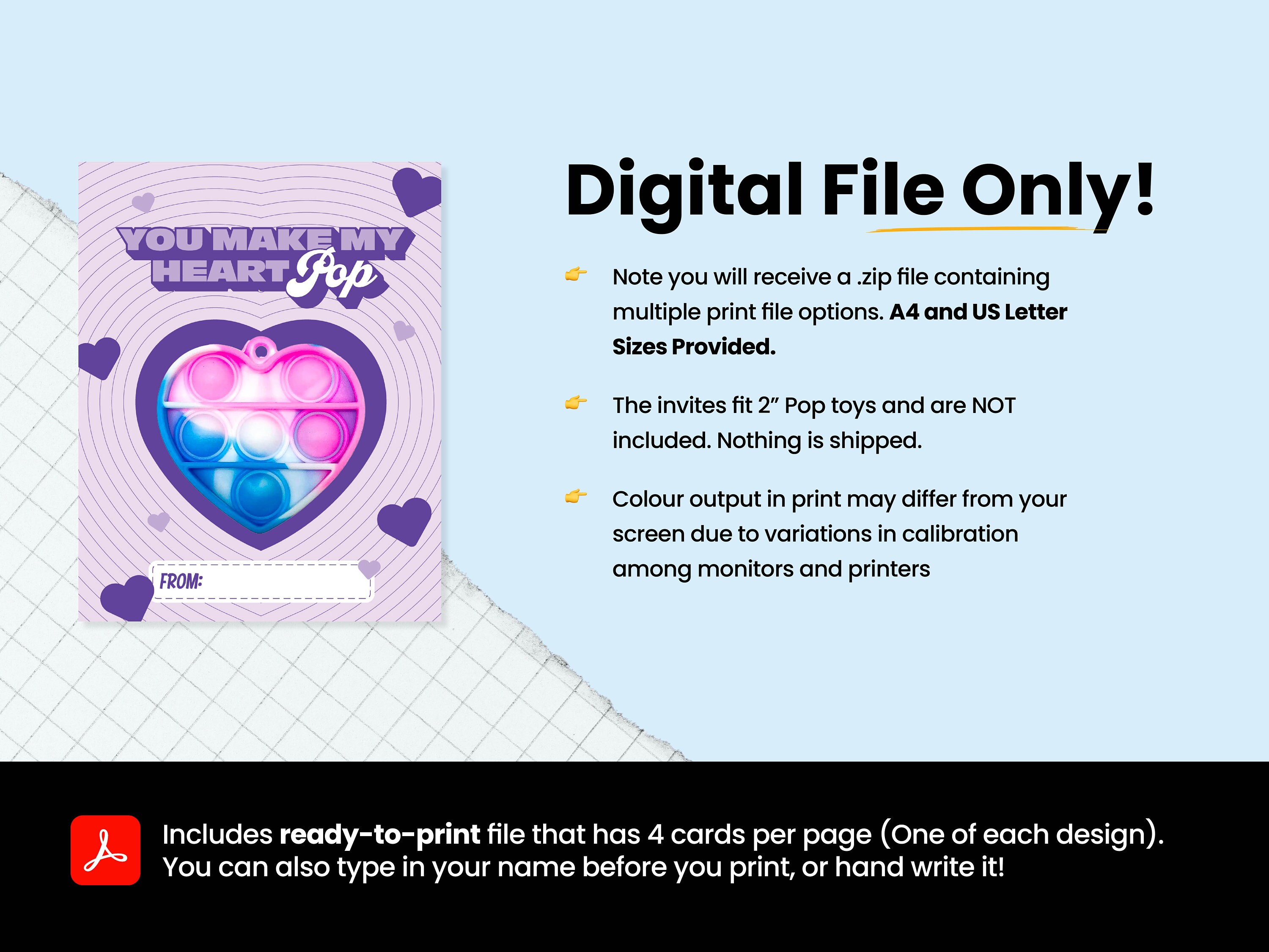 Printable Valentine's Day Cards, Pop It Fidget Toy Card, Instant ...