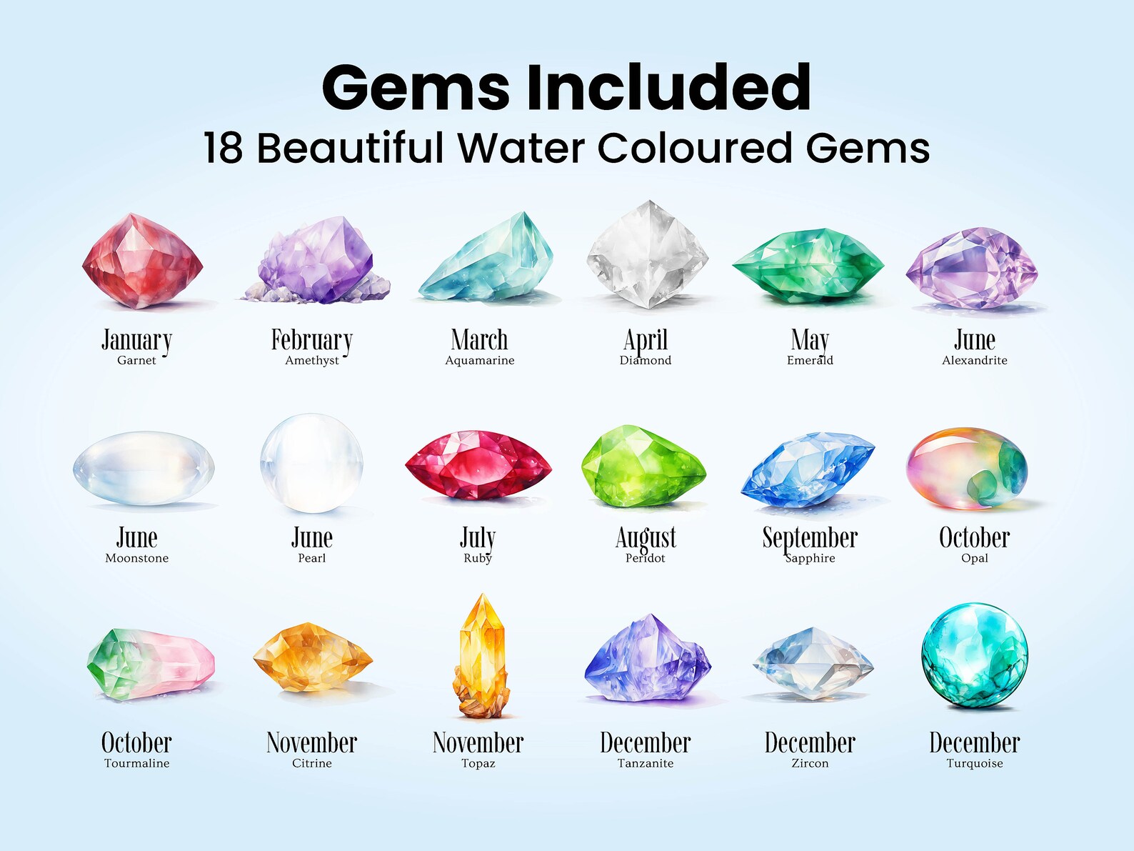 Watercolour Birthstone Clipart for Every Birth Month | High-resolution ...