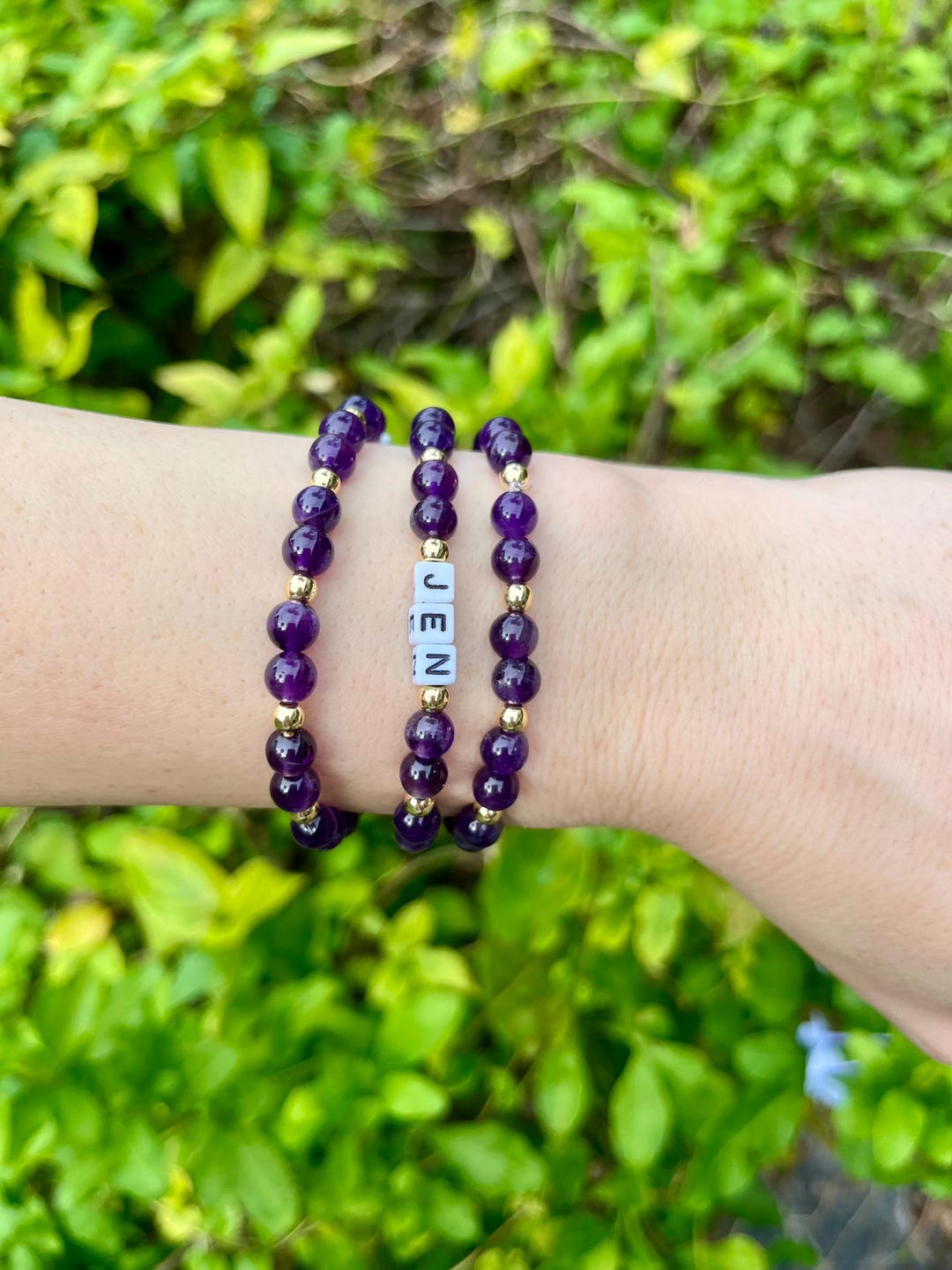 Custom Amethyst Beaded Name Bracelet: Personalized Stacking Bracelet ...