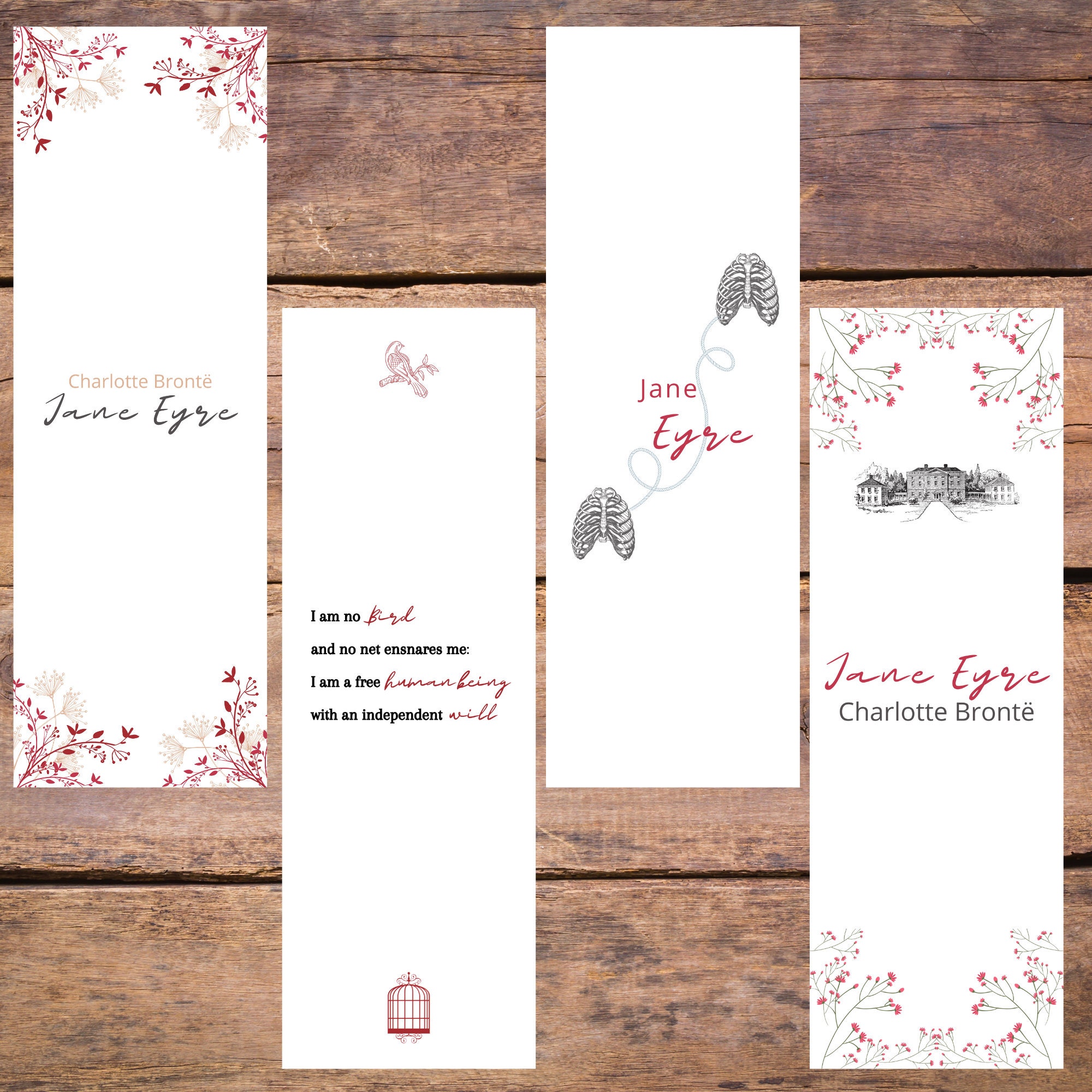 Set of 4 Printable Bookmarks, Jane Eyre Inspired, Bookmark Jane Eyre ...