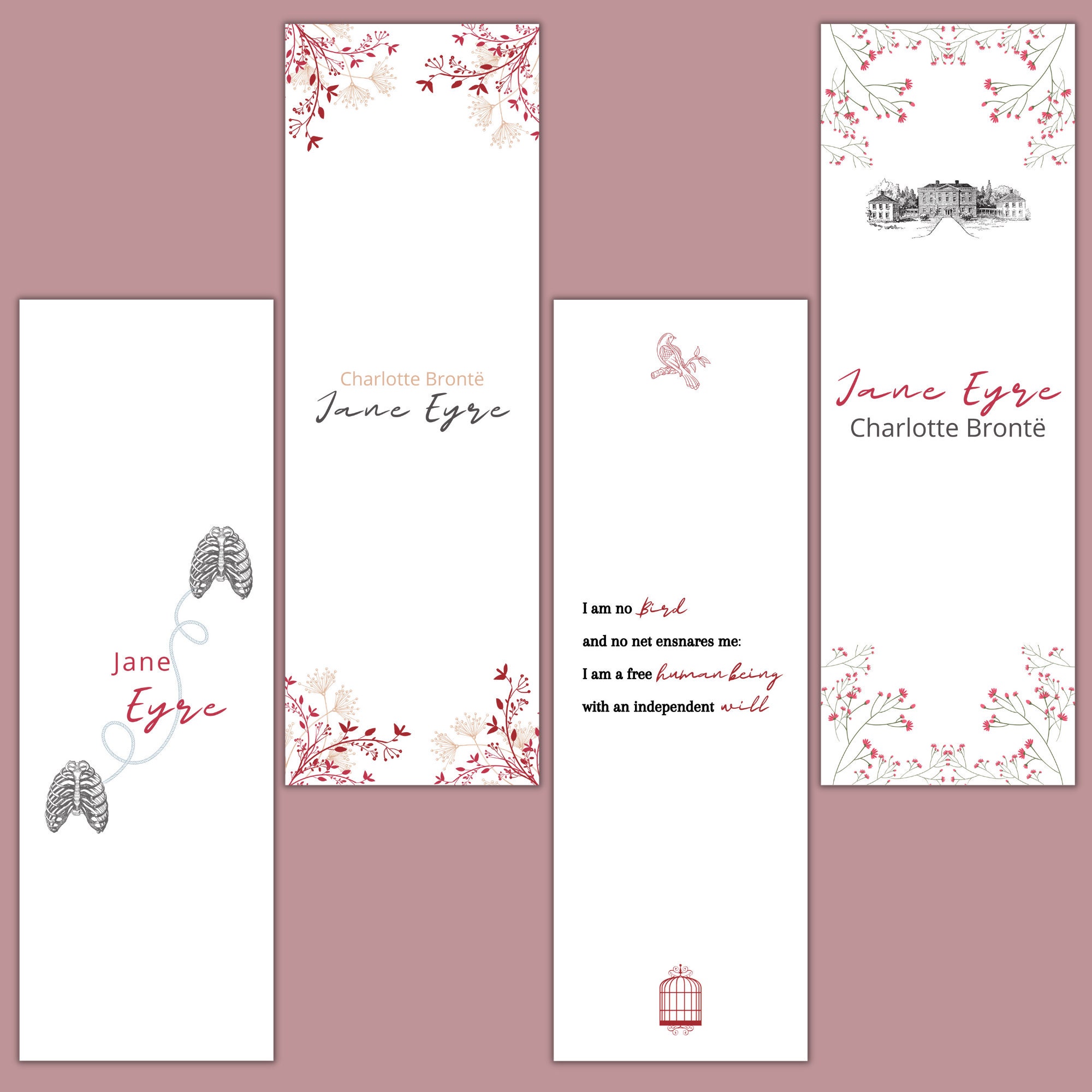 Set of 4 Printable Bookmarks, Jane Eyre Inspired, Bookmark Jane Eyre ...
