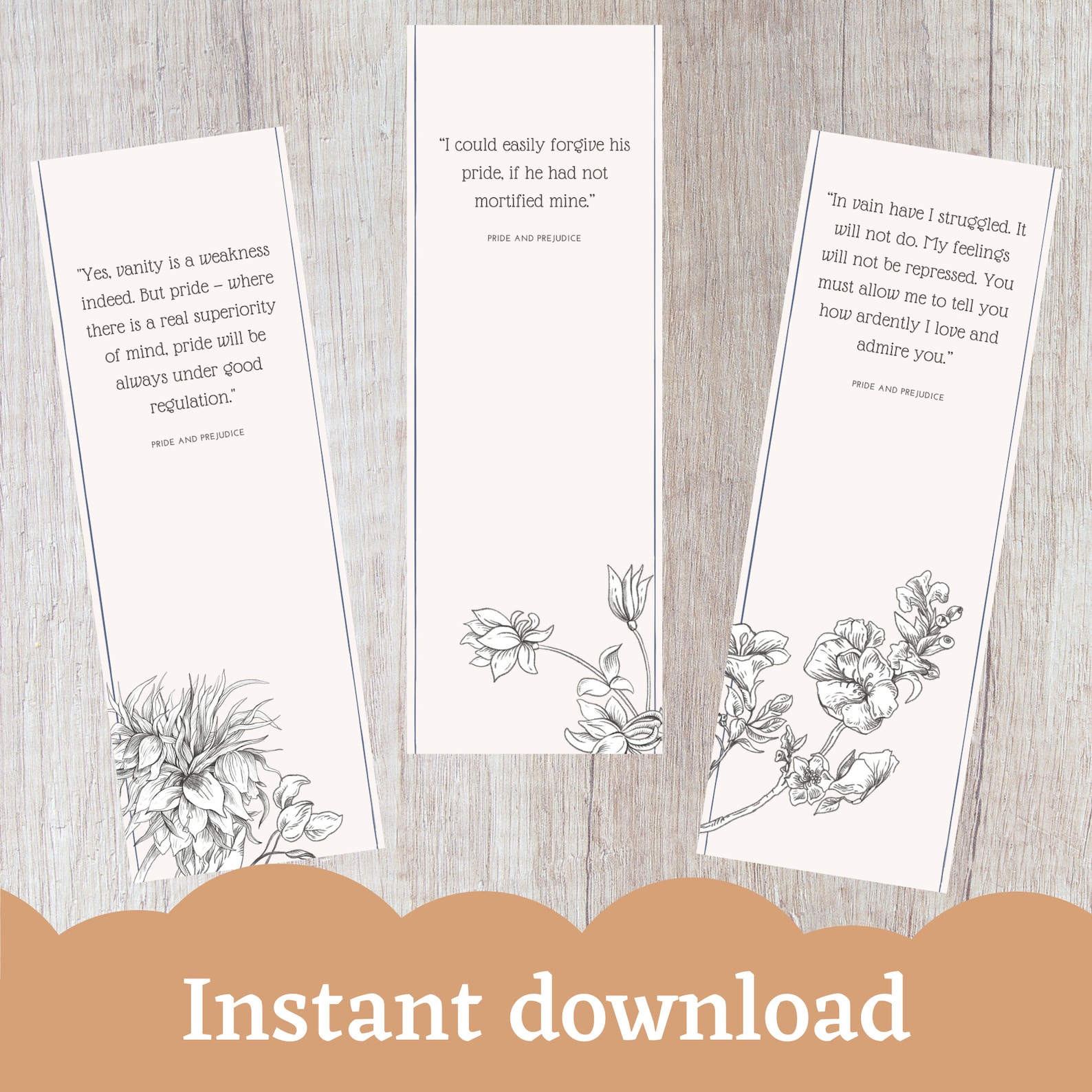 3 Printable Bookmarks, Printable Bookmarks Jane Austen Inspired ...
