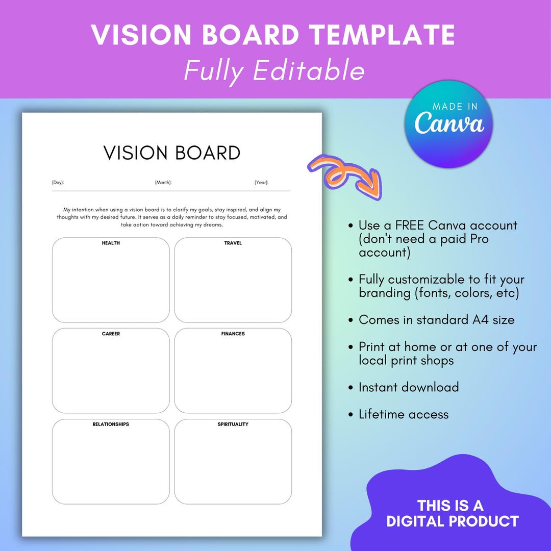Printable Vision Board Template | Editable Goal Planner | Digital ...