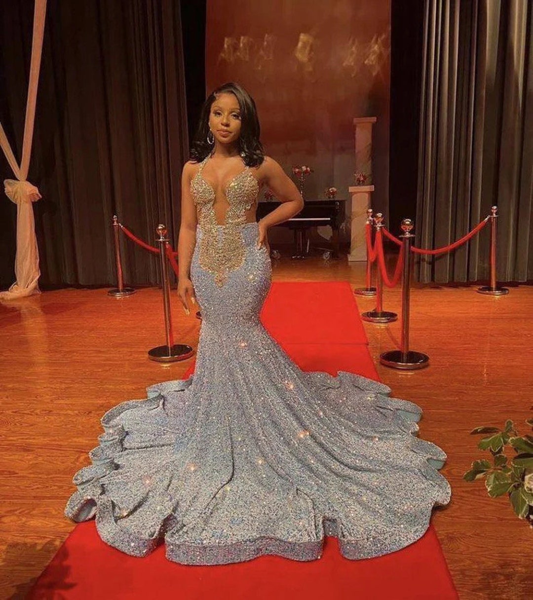 Blue Sequence Dress, Long Dress, Engagement Dress, Prom Dress, Mermaid ...