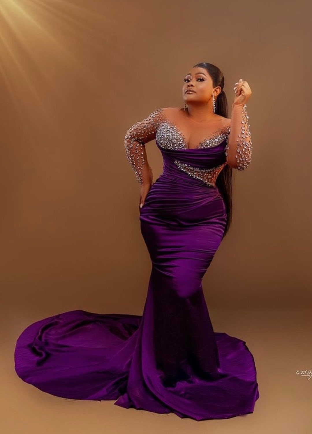 Stunning Purple Draped Corset Mermaid Dress Long Gown Prom Dress Party ...