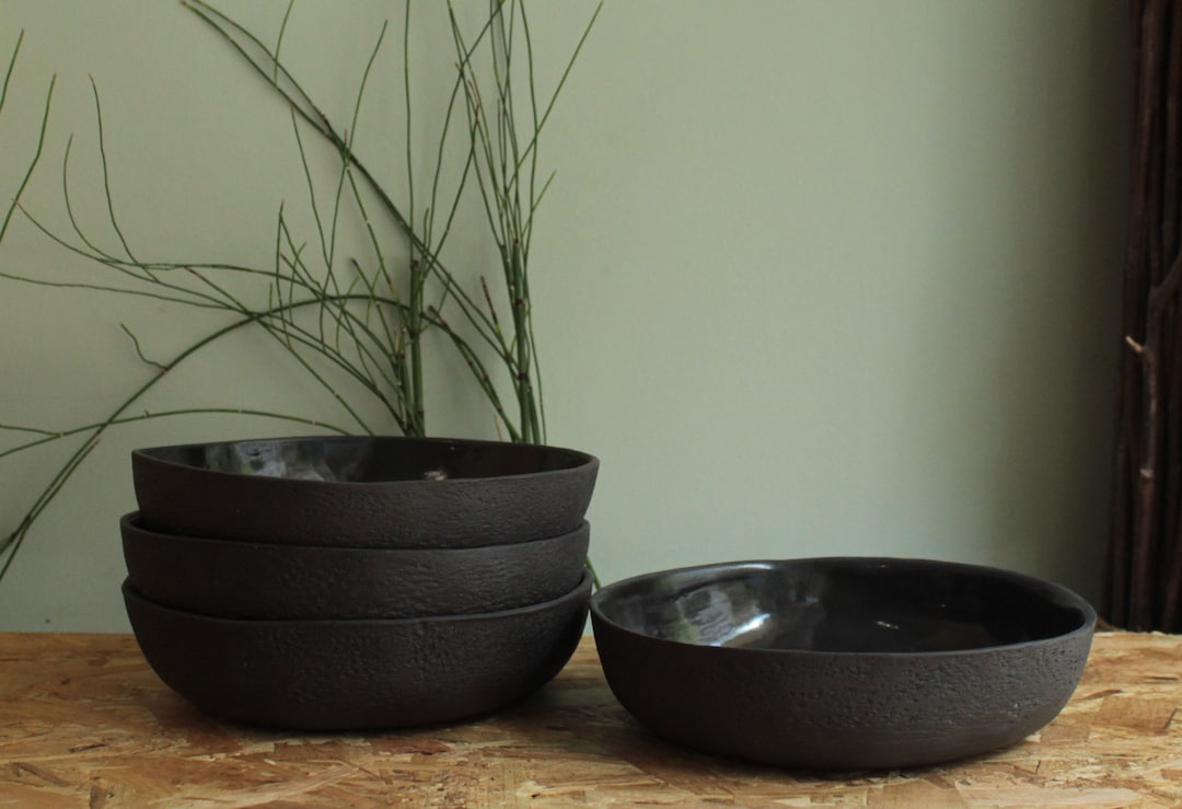 Set of 2 Ceramic Black Pasta Plates, Handmade Total Black Ceramic ...