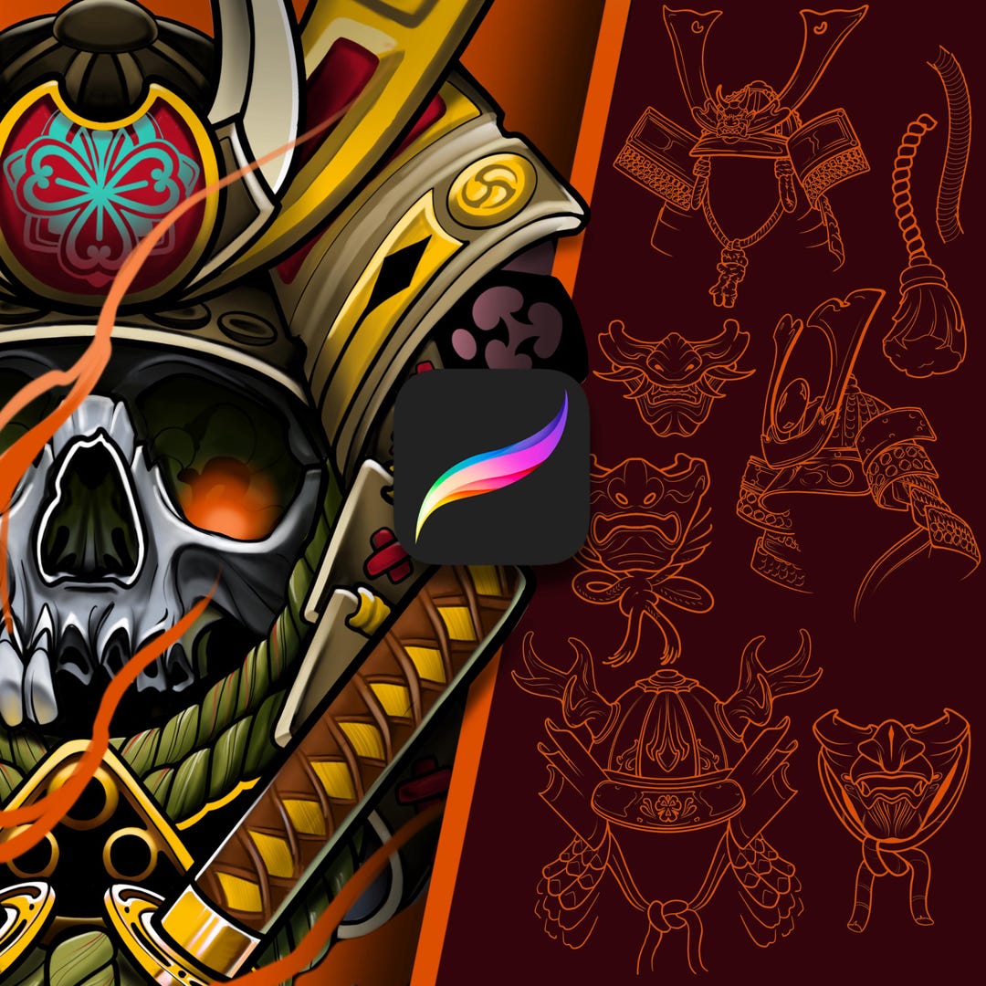 Samurai Tattoo Procreate Brush Set: Neotrad Helmets, Masks, Ropes ...