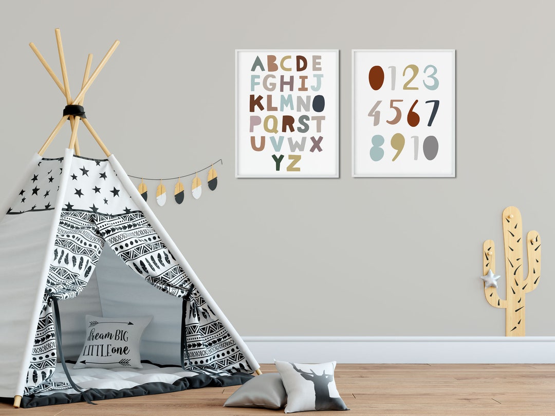 Alphabet Numbers- Playroom Printable - Set Boho Earthy Neutral Pastel ...