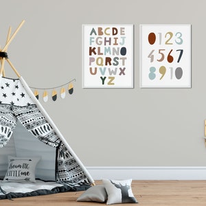 Alphabet Shapes Numbers- Playroom Printable - Set Boho Earthy Neutral ...