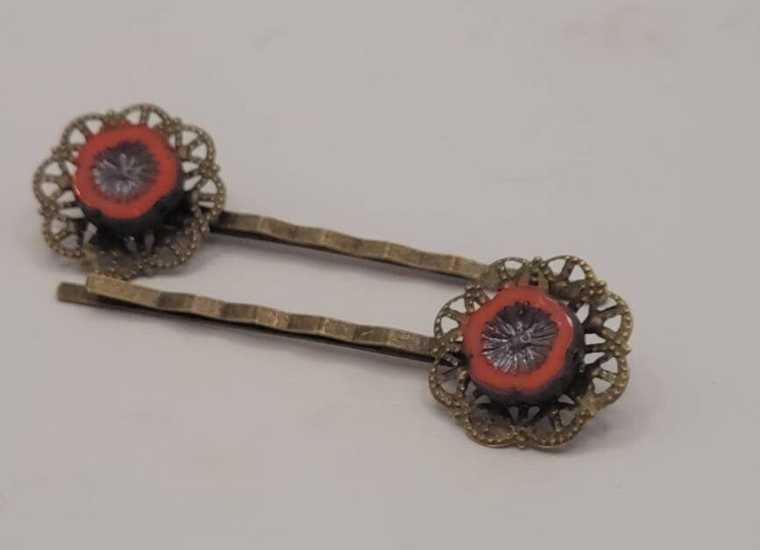 Bronze Colored Bobbie Pins / Hair Pins With Czech Glass Bead Detail - Etsy