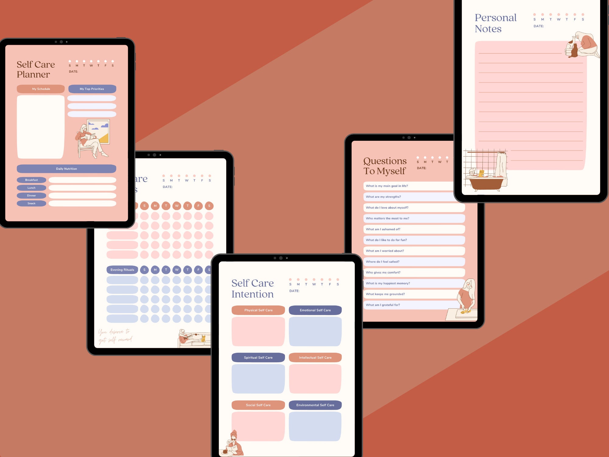 Pastel Illustration Self Care Planner - Etsy