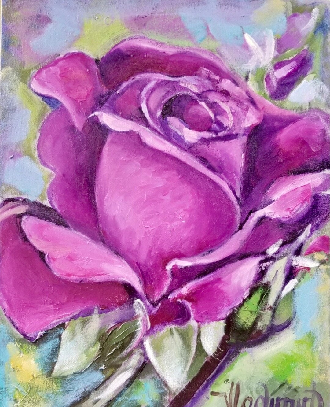 Purple Rose Oil Painting on Canvas, Palette Knife Art (11”x14") - Etsy
