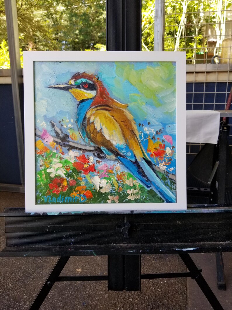 Colorful Bird in the Flower Field , Original Palette Knife Art,12x12 ...