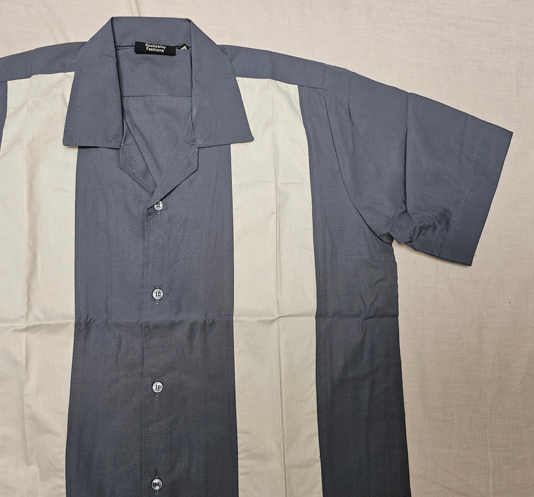 Grey White Bowling Shirt. Swing Rockabilly 50s Retro Men's Panel Shirt ...