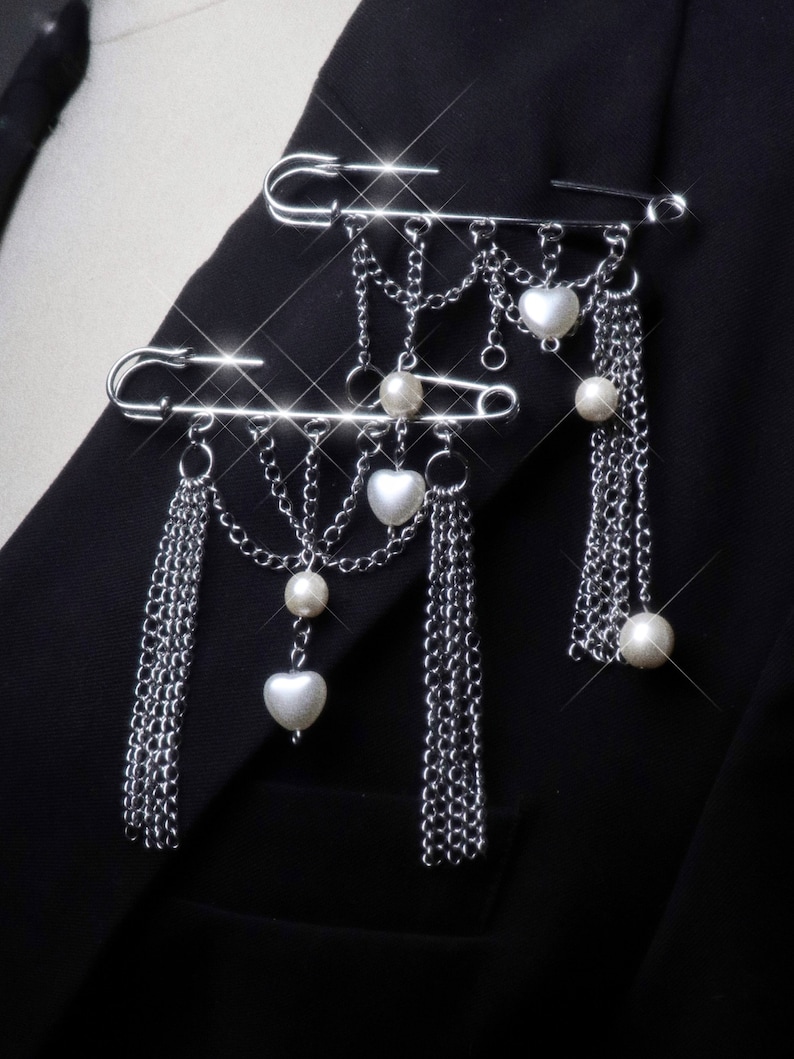 Safety Pin Brooch With Chain Tassels and Pearls - Etsy