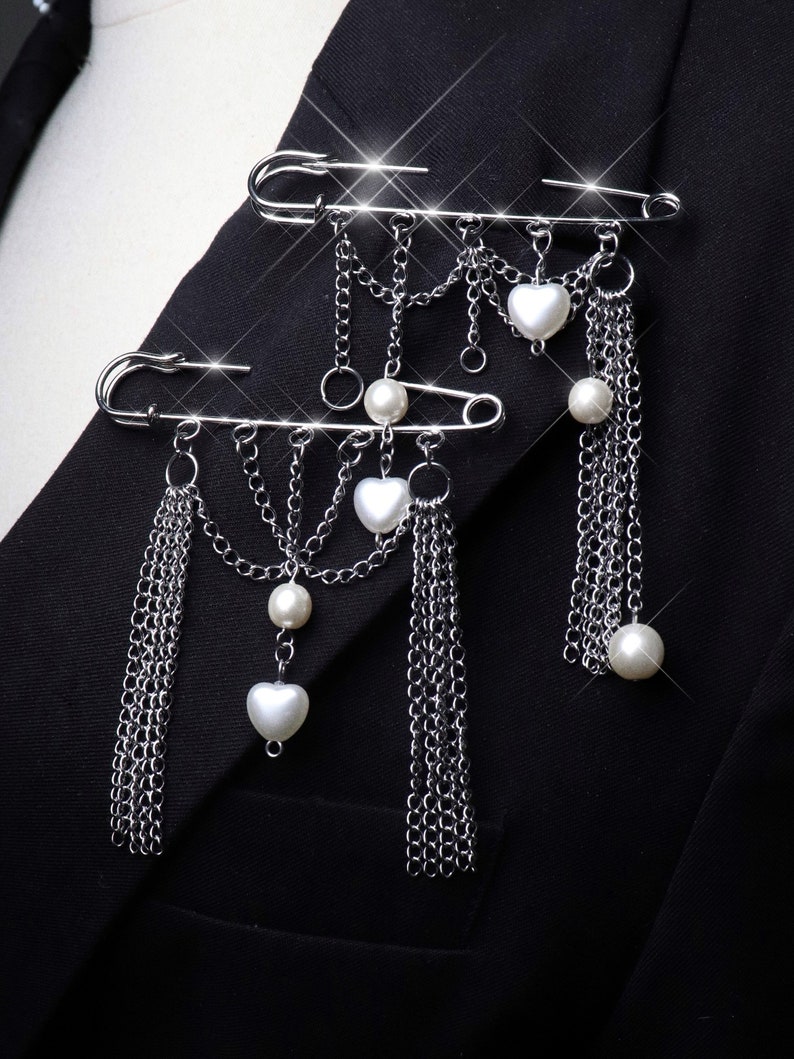 Safety Pin Brooch With Chain Tassels and Pearls - Etsy