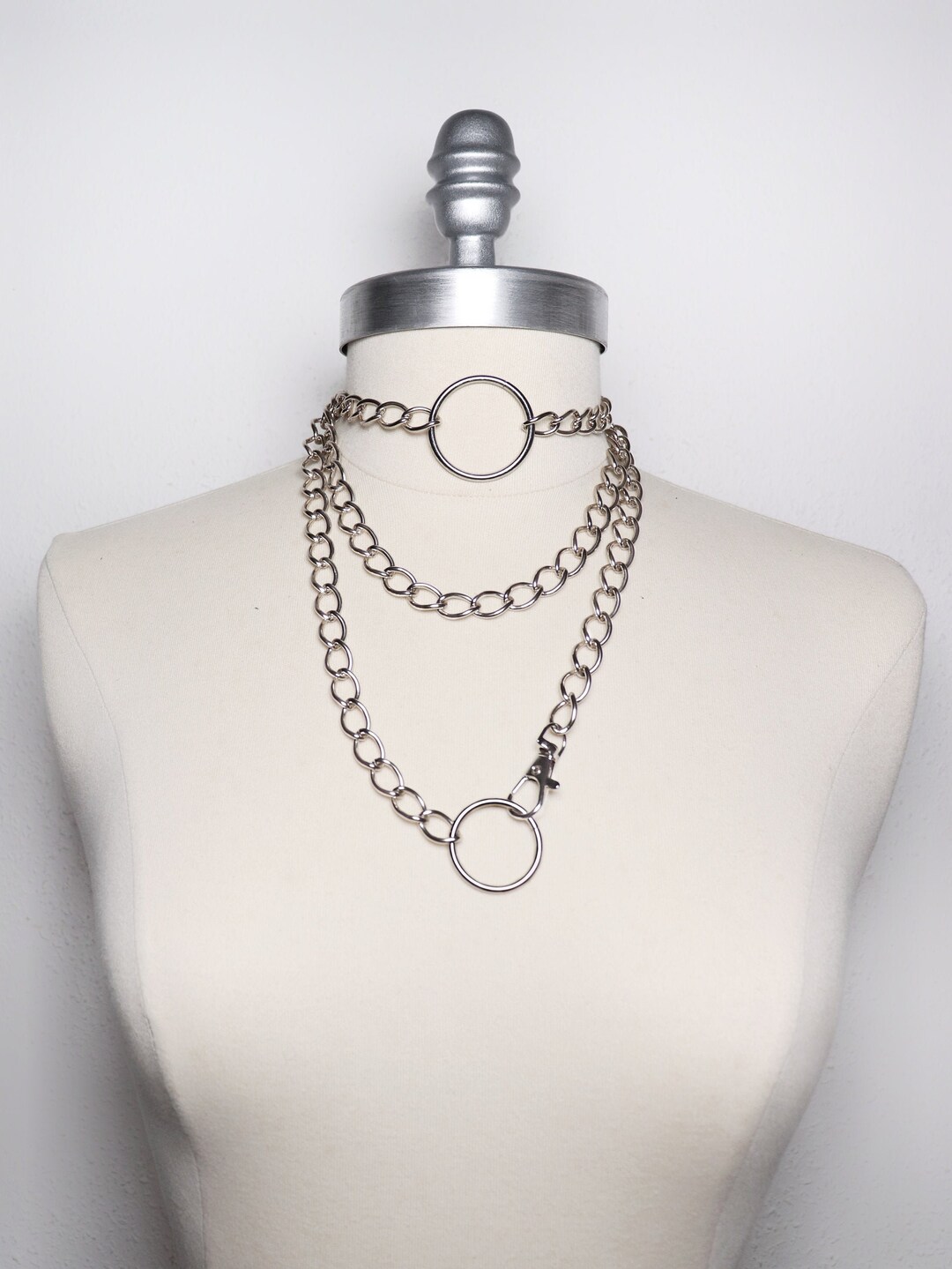 Three-row Necklace With Silver Color Chain and O Ring // Chain Choker ...