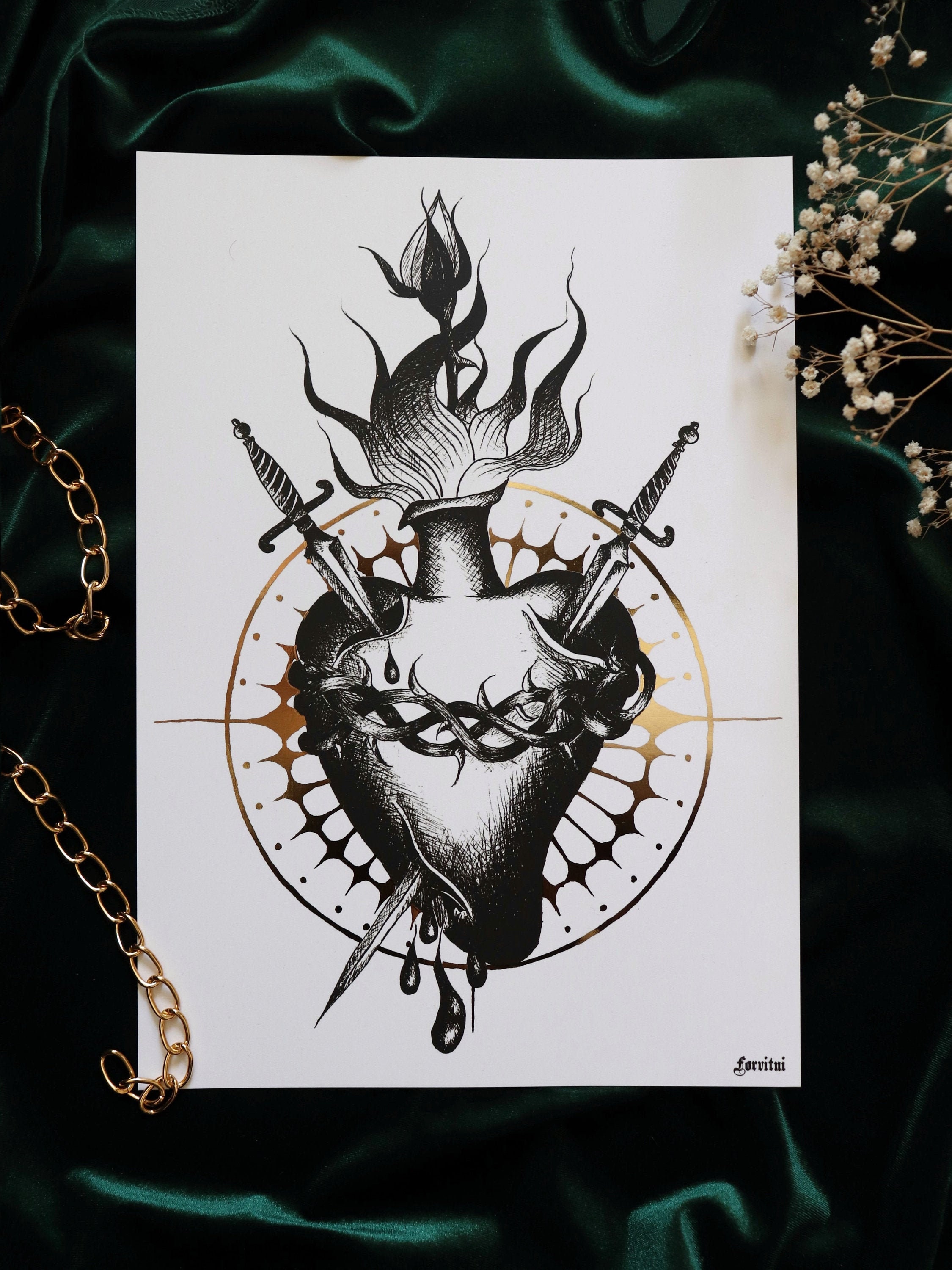 Print A4 Illustration Sacred Heart / Ex-voto With Goild Foil - Etsy