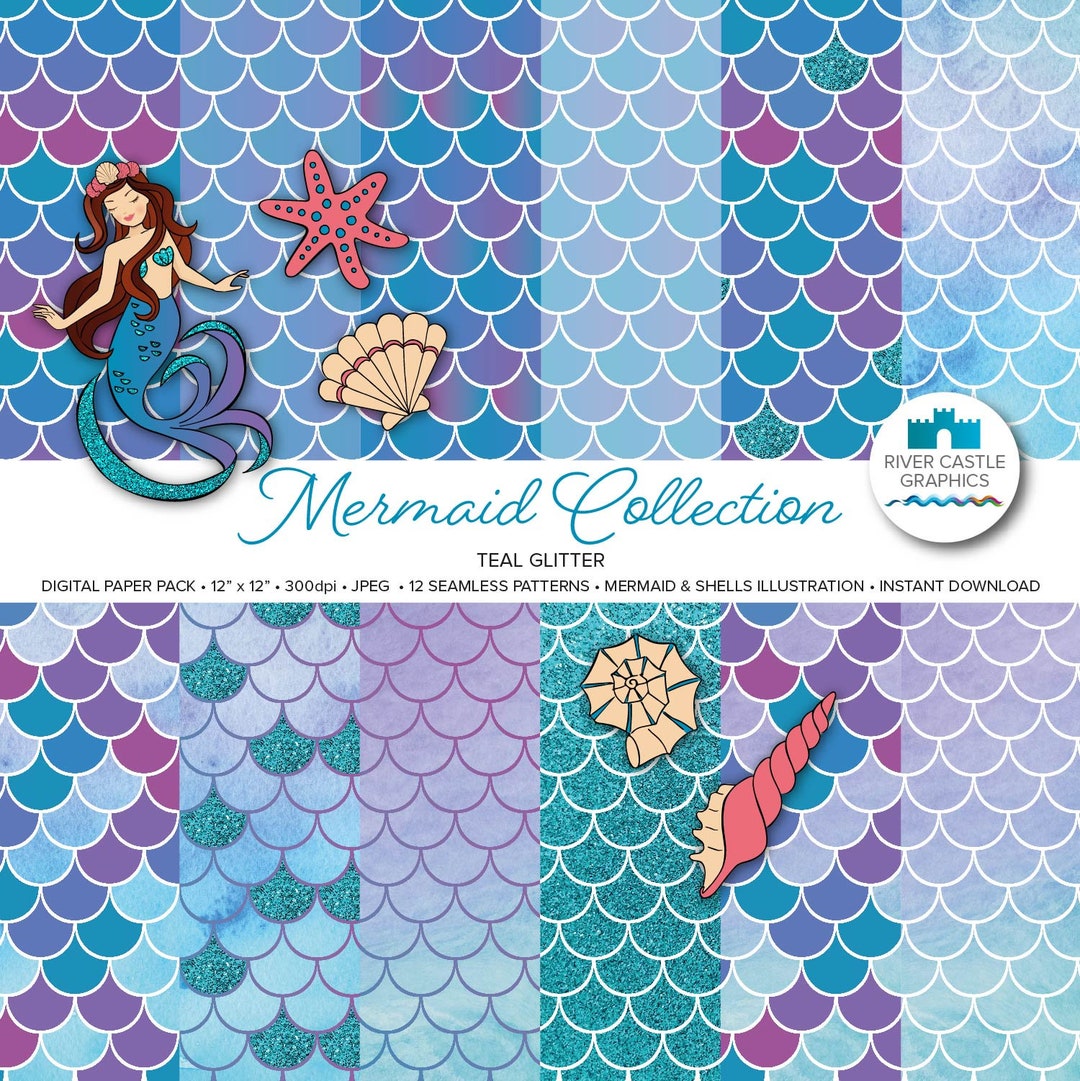 Mermaid Pattern Digital Paper - Mermaid Style Glitter Scales Digital ...