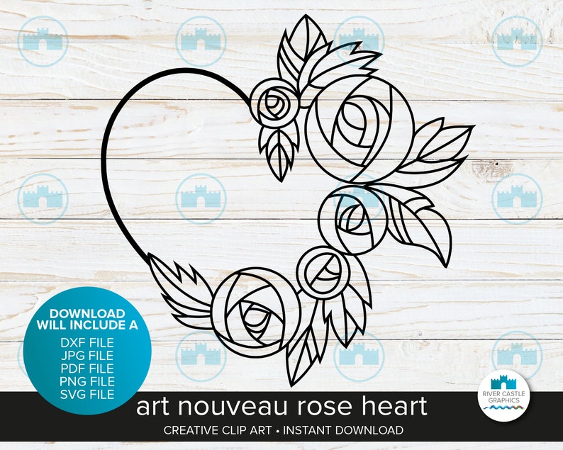 Rose Heart Svg Art Nouveau Style, Png, JPG, Pdf, Dxf Files, Clipart ...