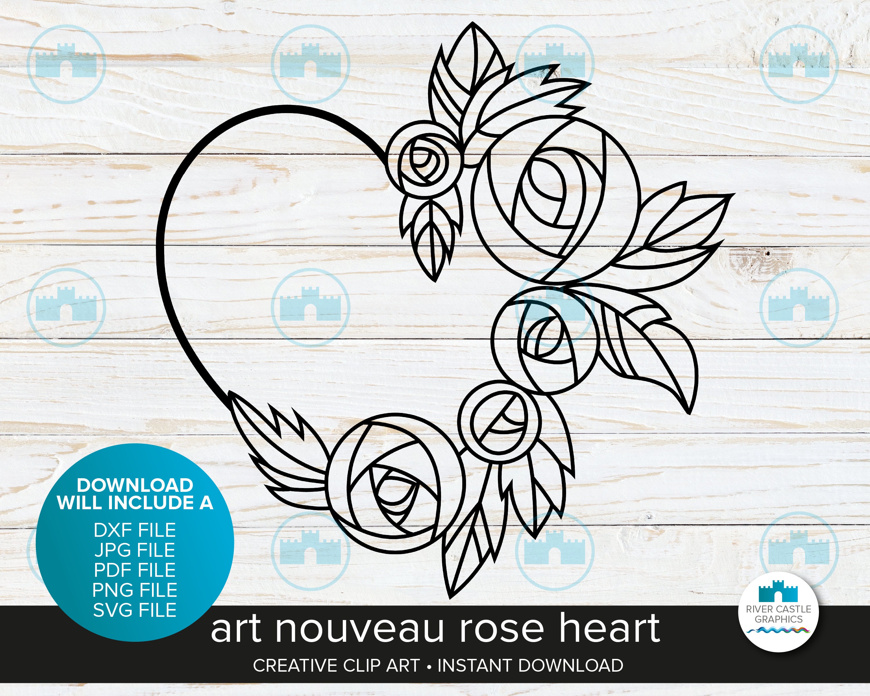 Rose Heart Svg Art Nouveau Style, Png, JPG, Pdf, Dxf Files, Clipart ...