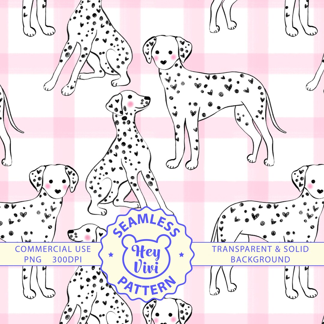 Dalmatian Seamless Pattern, Pink Gingham Dogs Surface Pattern Repeat ...