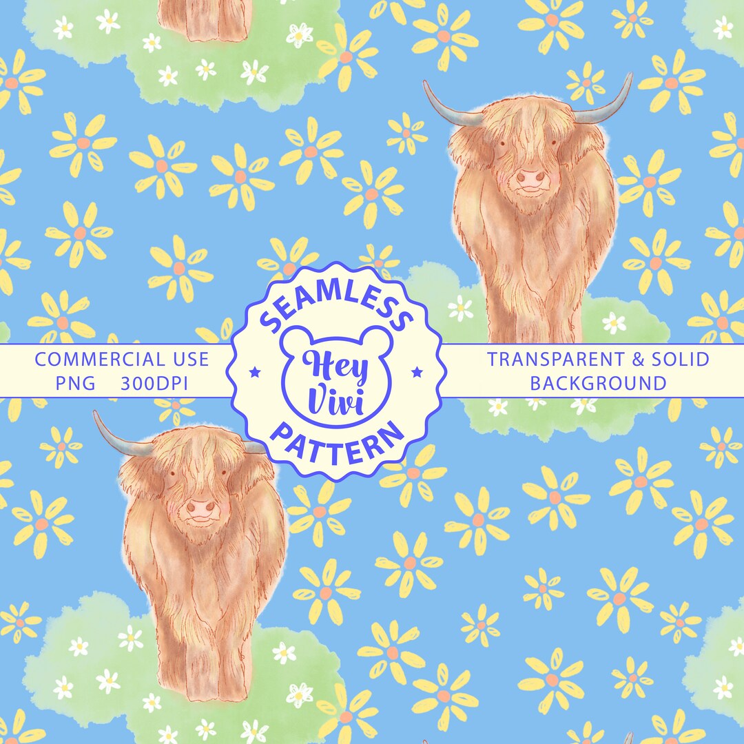 Highland Cow Seamless Pattern Png, Unisex Boys Watercolor Farm Animal ...