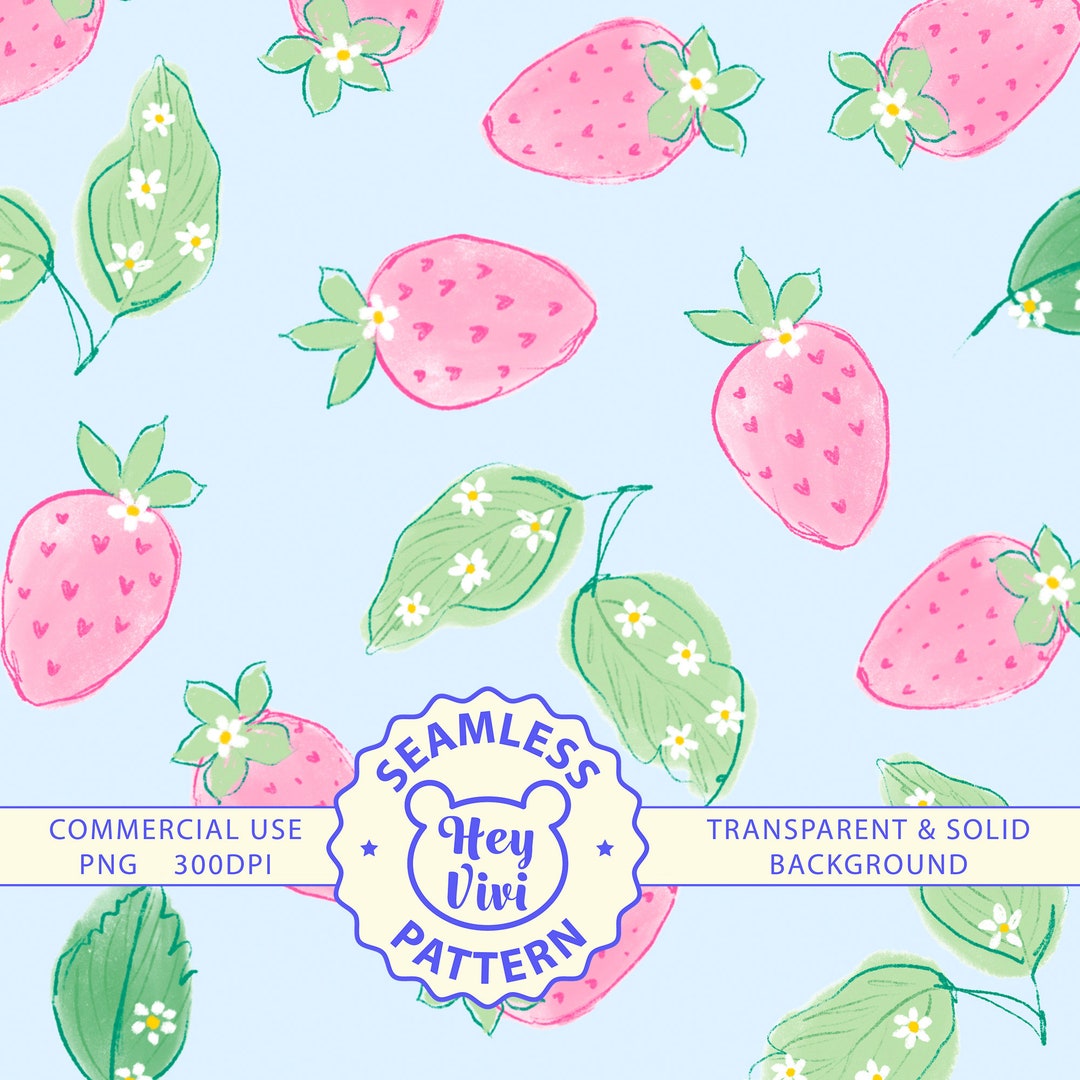 Strawberry Seamless Pattern, Cute Pink Strawberries on Blue Surface ...