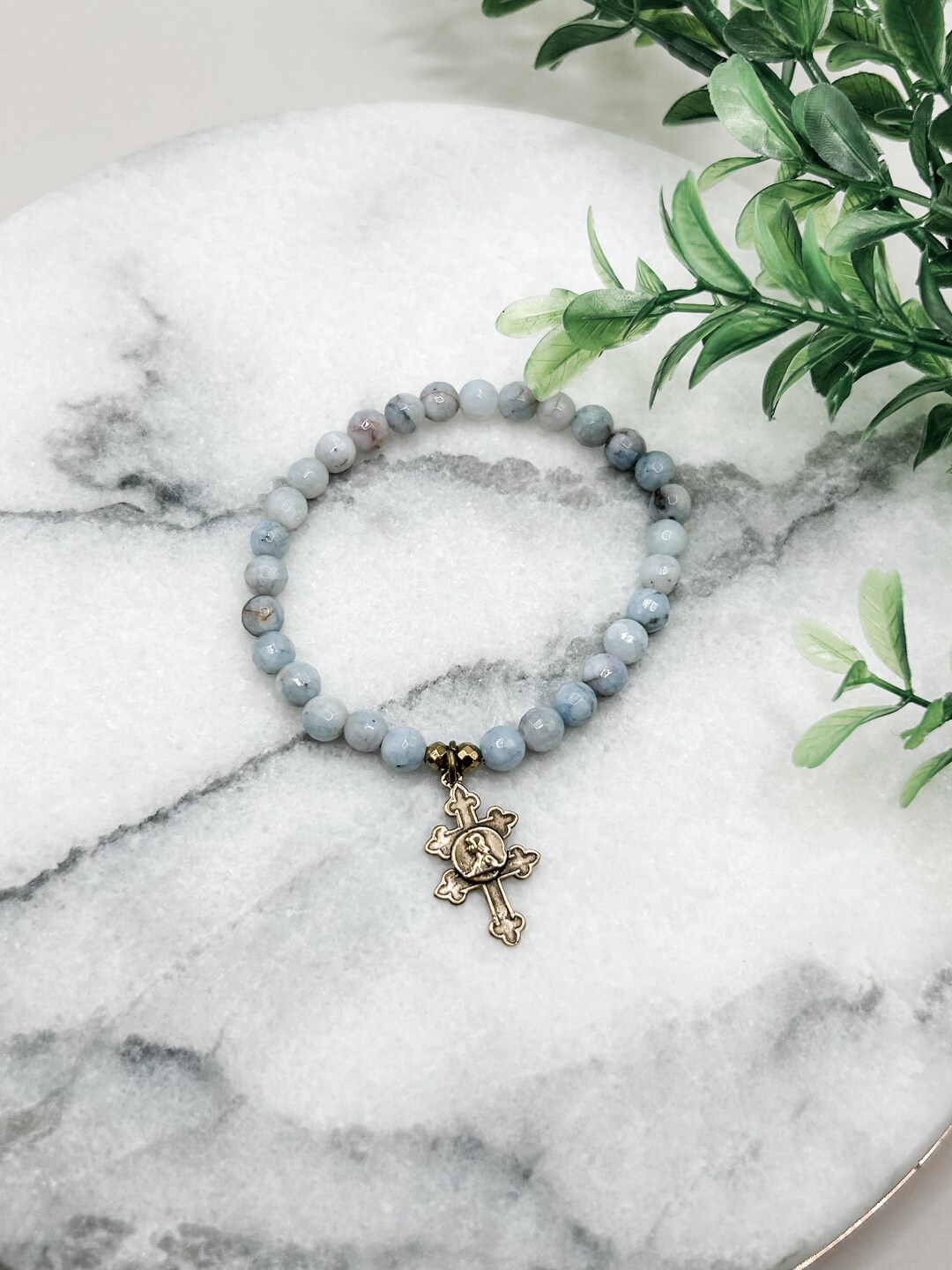 St. Joan of Arc Cross Stretch Bracelet Angelite Solid Bronze Hematite ...