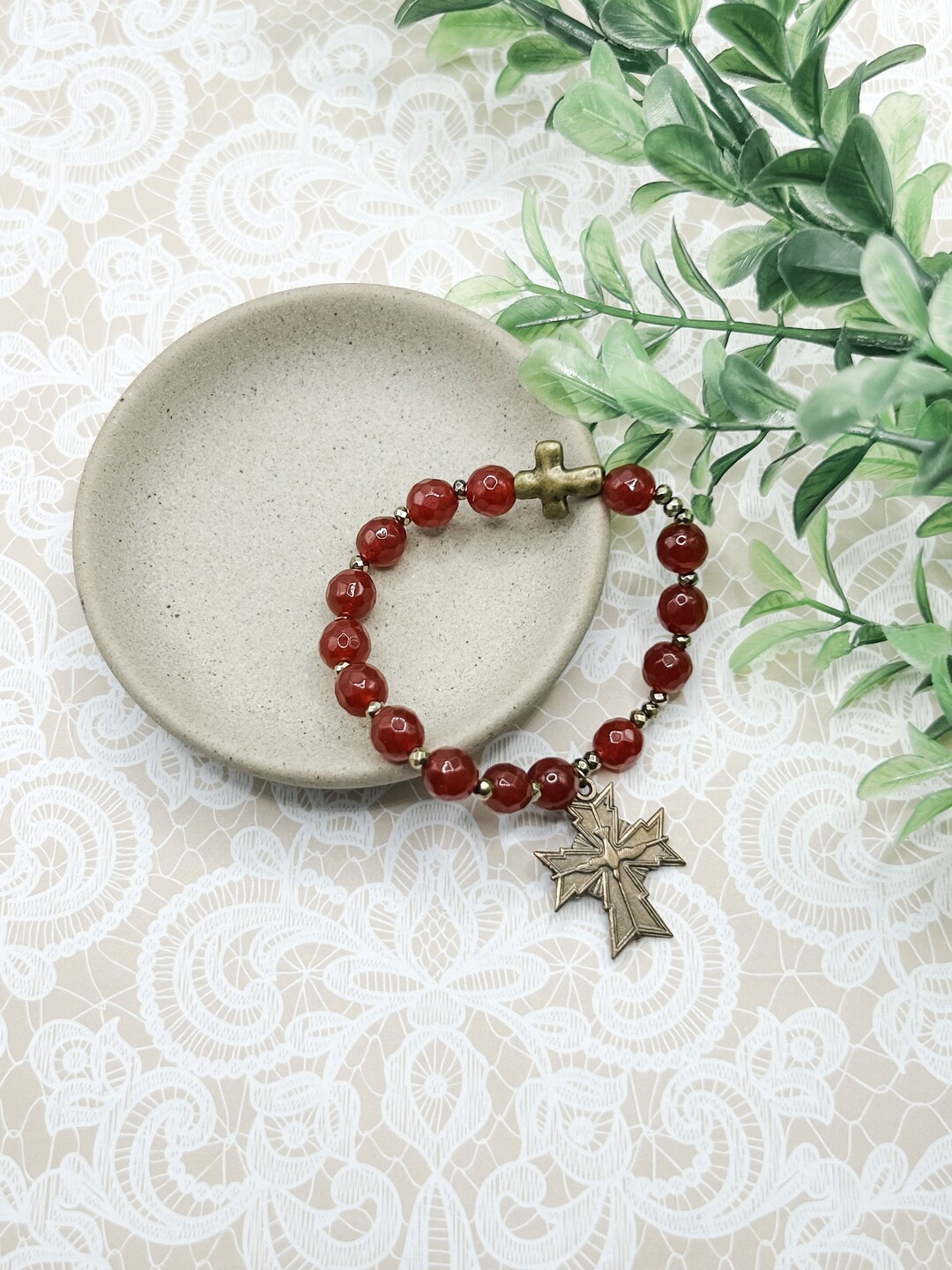 Holy Ghost Single-decade Rosary Bracelet | Ruby Jade | Hematite | Solid ...