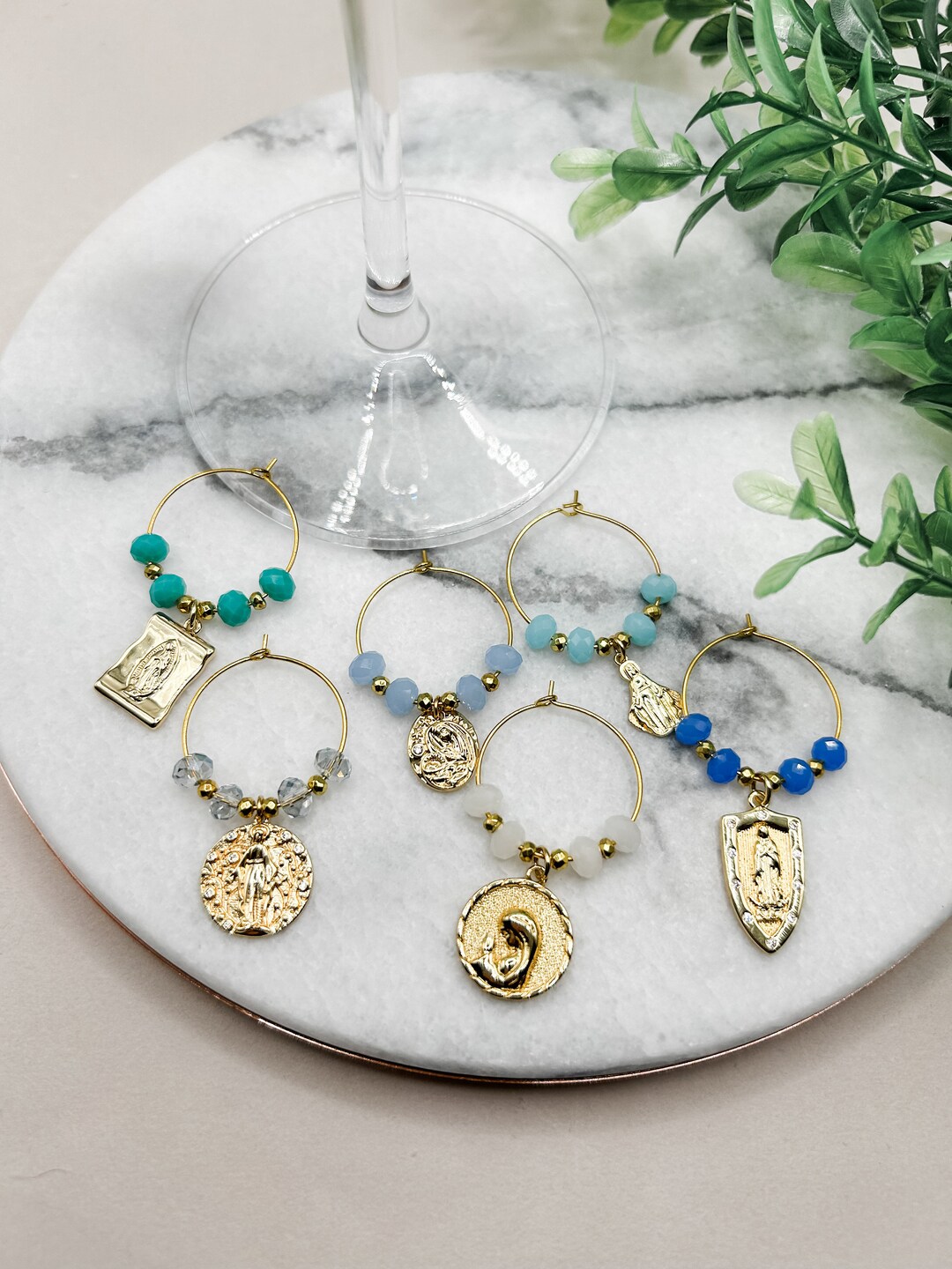 Marian Wine Charm Set of Six 18K Gold Glass Hematite Catholic Wine Charms Catholic Gift ...