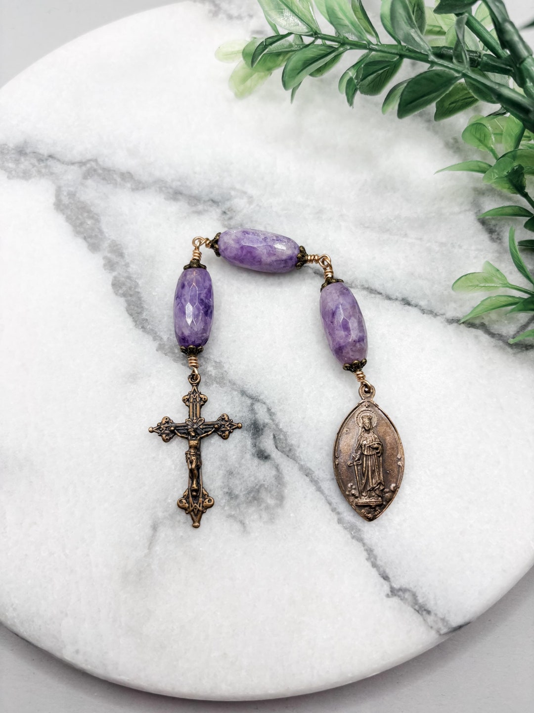 St. Dymphna Three Hail Mary Chaplet Charoite Solid Bronze Catholic Gift Catholic Chaplet Prayer ...