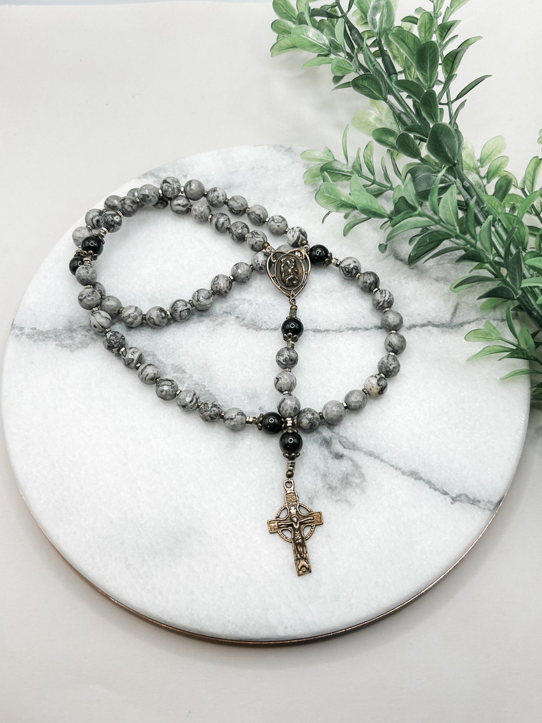 St. Christopher Five Decade Rosary Map Jasper Obsidian Solid Bronze ...