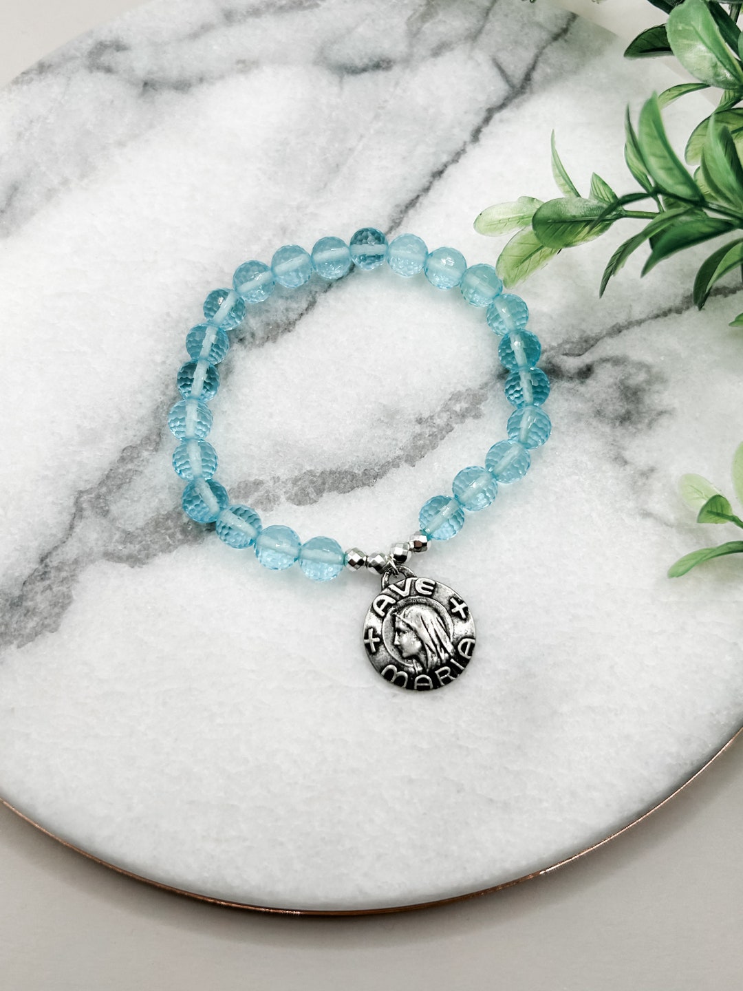 Ave Maria Stretch Bracelet Aqua Quartz Hematite Catholic Gift Catholic ...