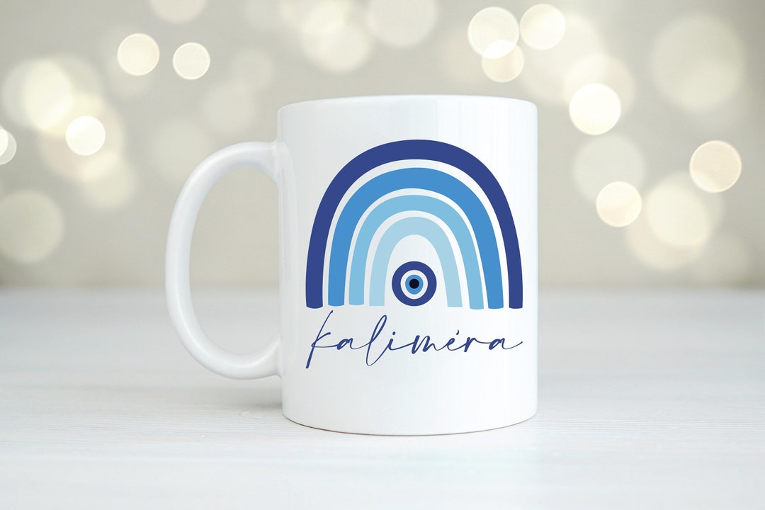 Kaliméra Coffee Mug, Greek for Good Morning, Greek Rainbow Evil Eye ...