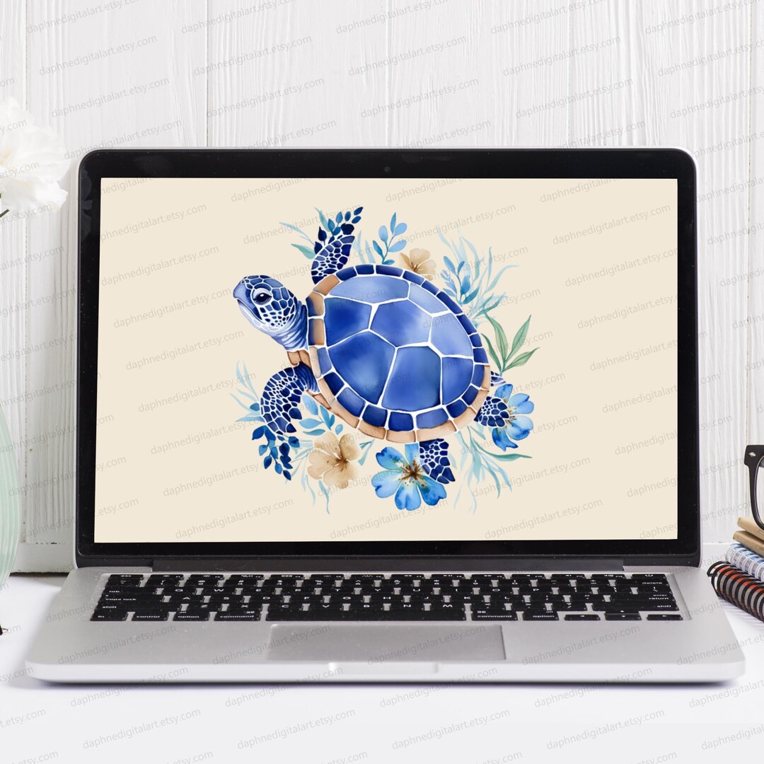 Floral Sea Turtle Desktop Wallpaper, Nautical Aesthetic Laptop ...