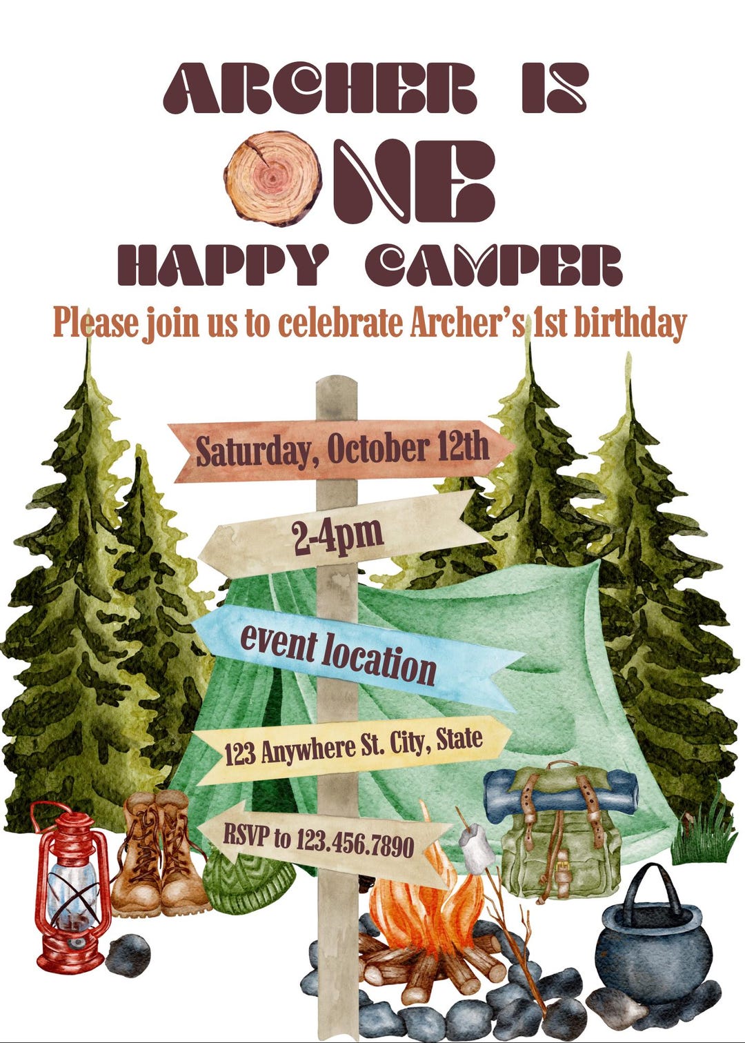 One Happy Camper| Camping Theme| Invitation Template| Editable ...