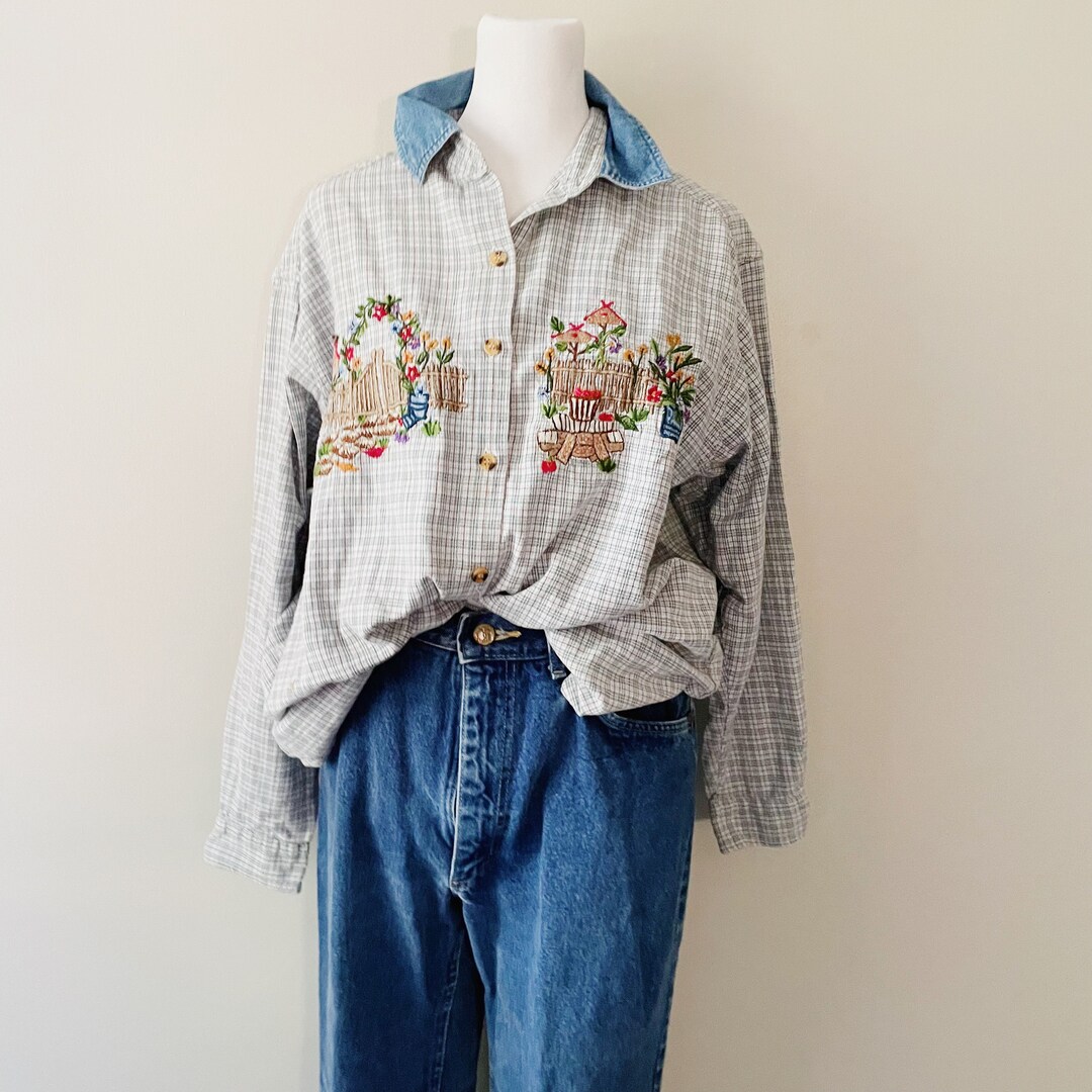 Large Vintage 90s Casey and Max Plaid and Denim Embroidered - Etsy