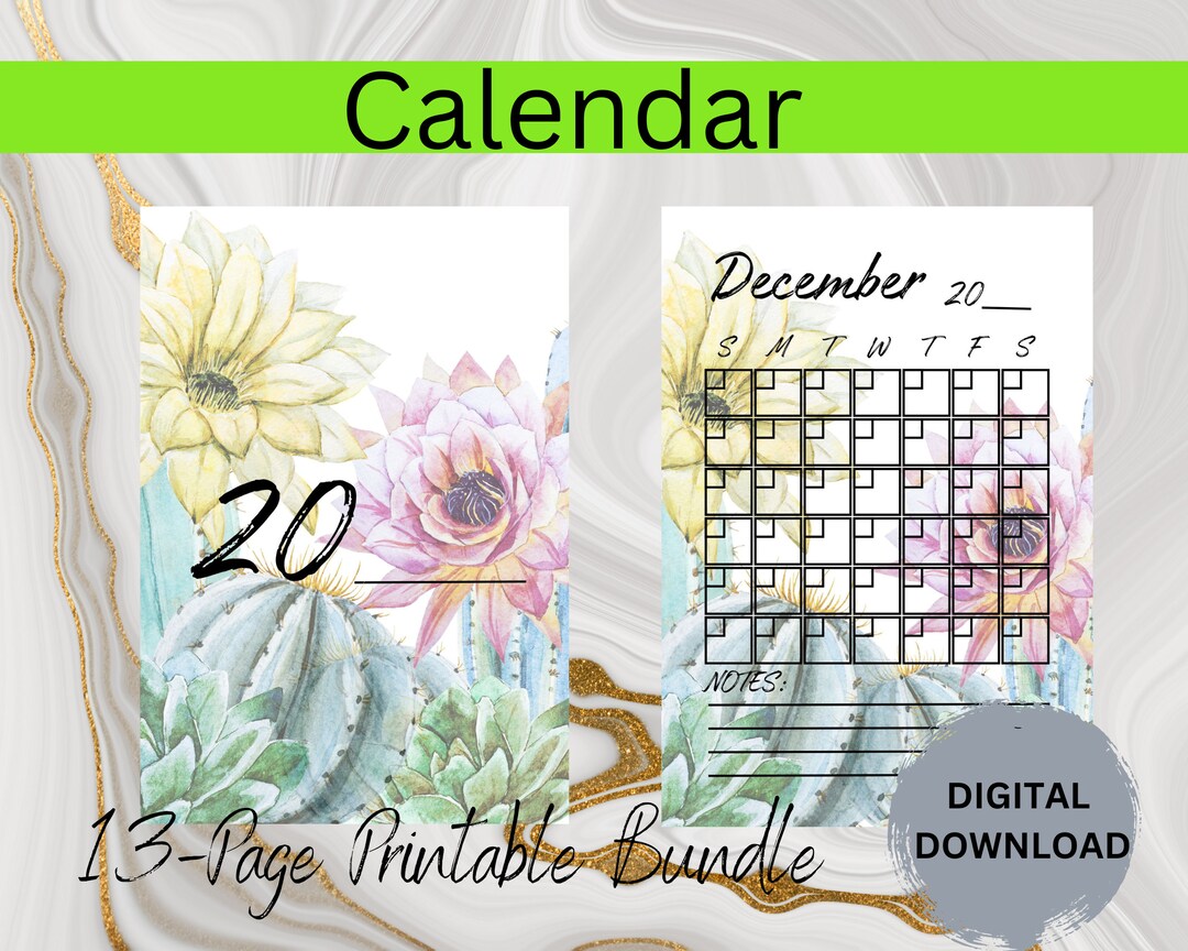 Succulent Blank Calendar Planner for Planning Your Year, 2 Sizes ...